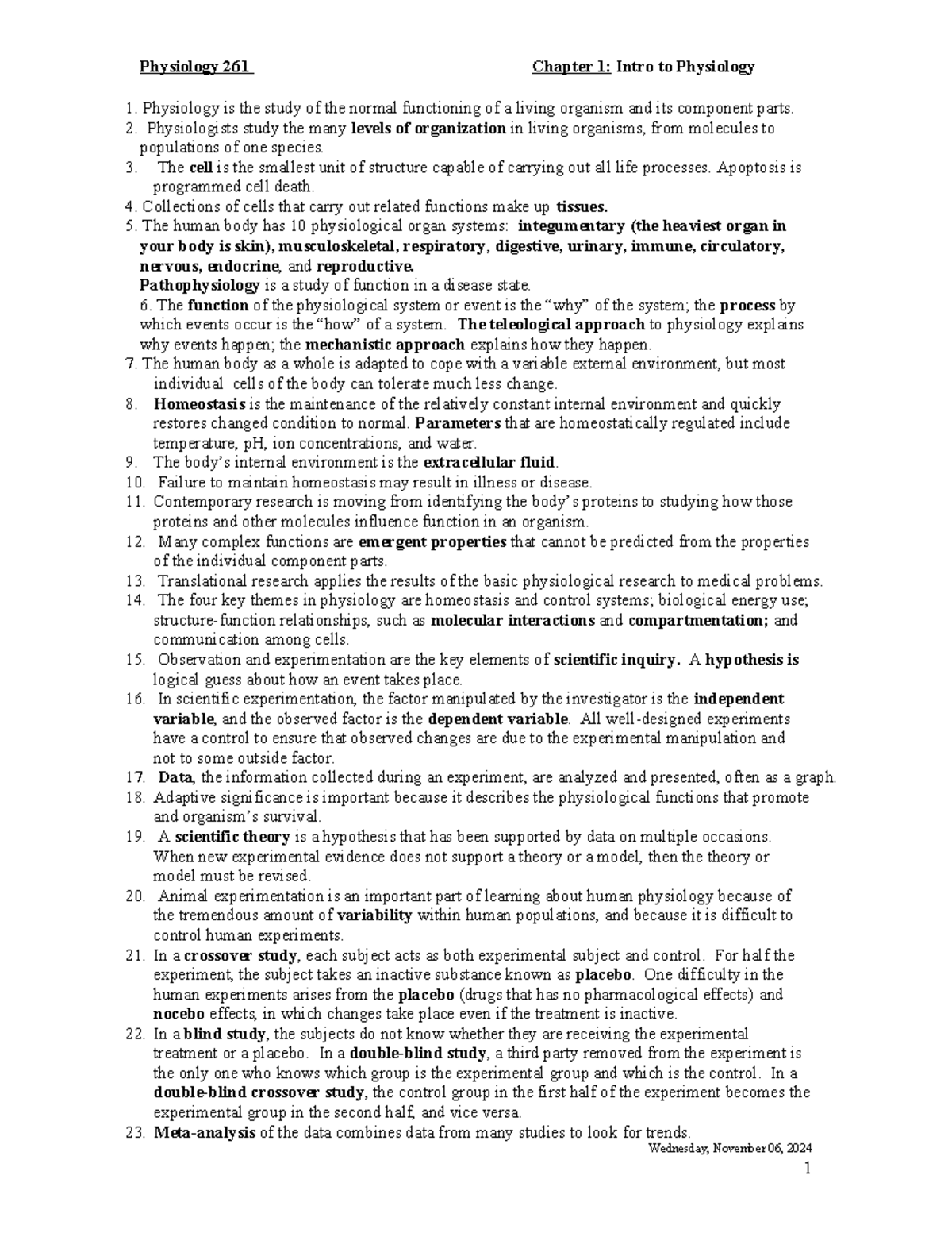 Chapter 1 study guide - Physiology 261 Chapter 1: Intro to Physiology ...