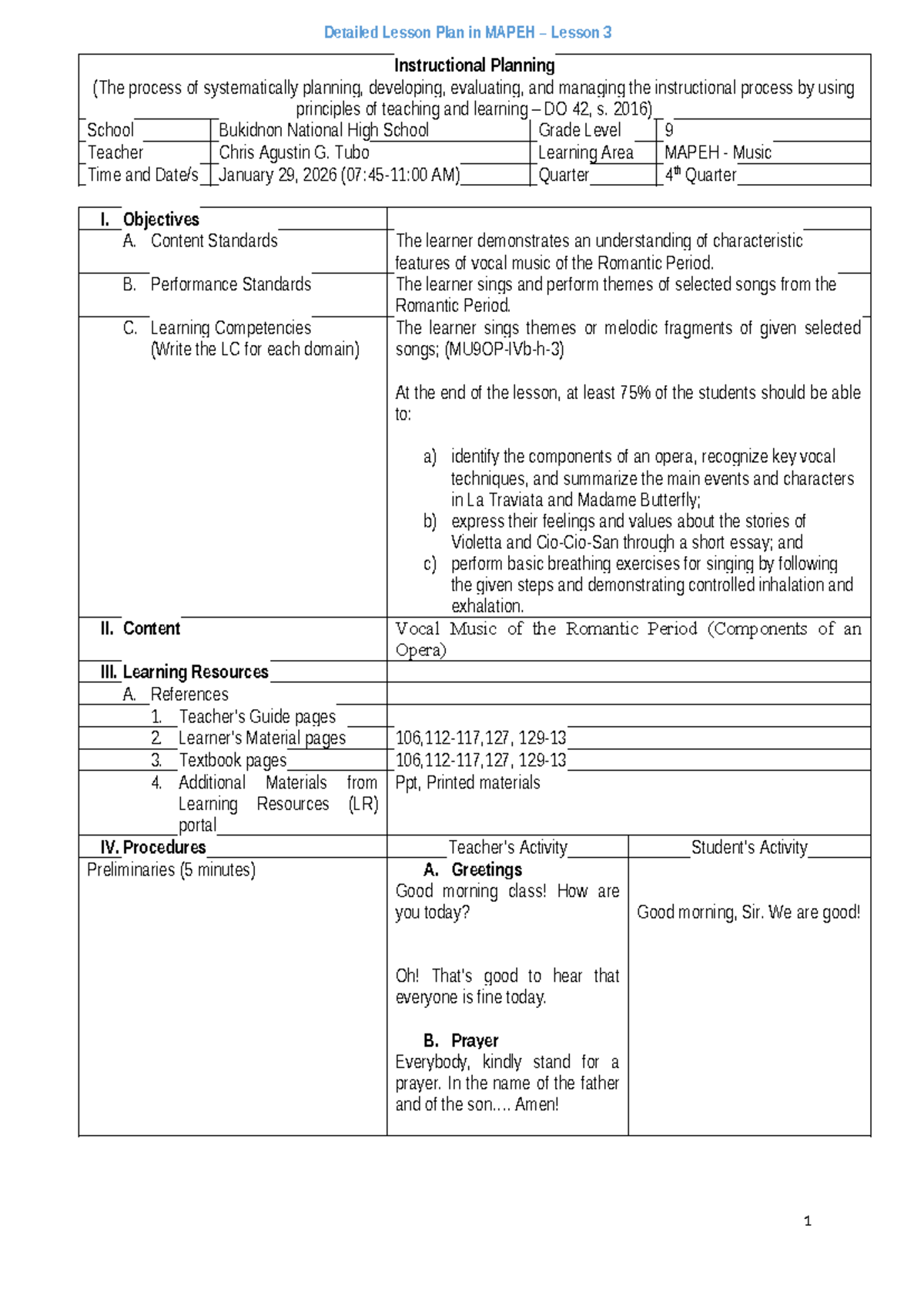 MAPEH 9 - Detailed Lesson Plan: Vocal Music of the Romantic Period ...