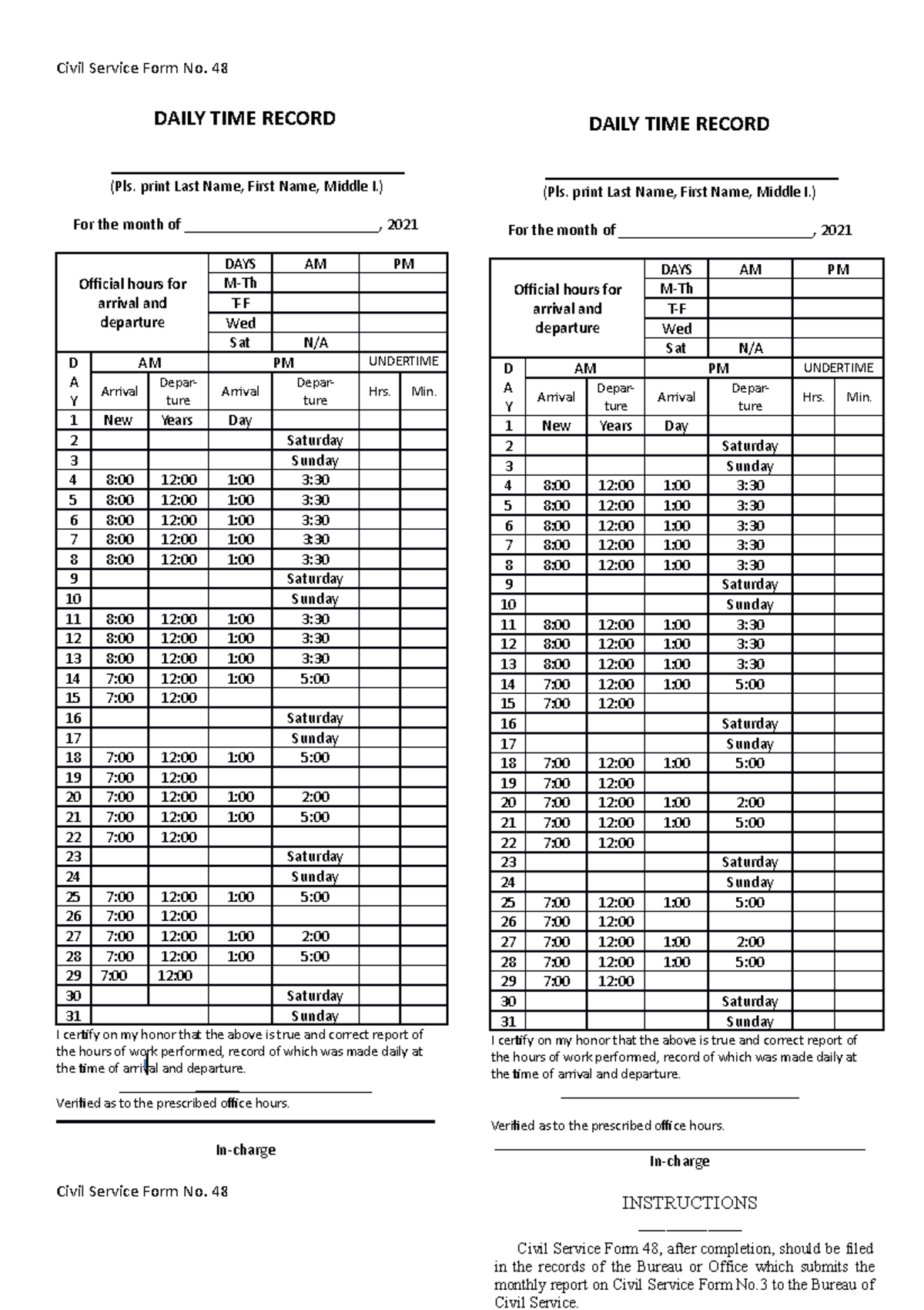 Blank DTR - dsgryt - Civil Service Form No. 48 DAILY TIME RECORD (Pls ...