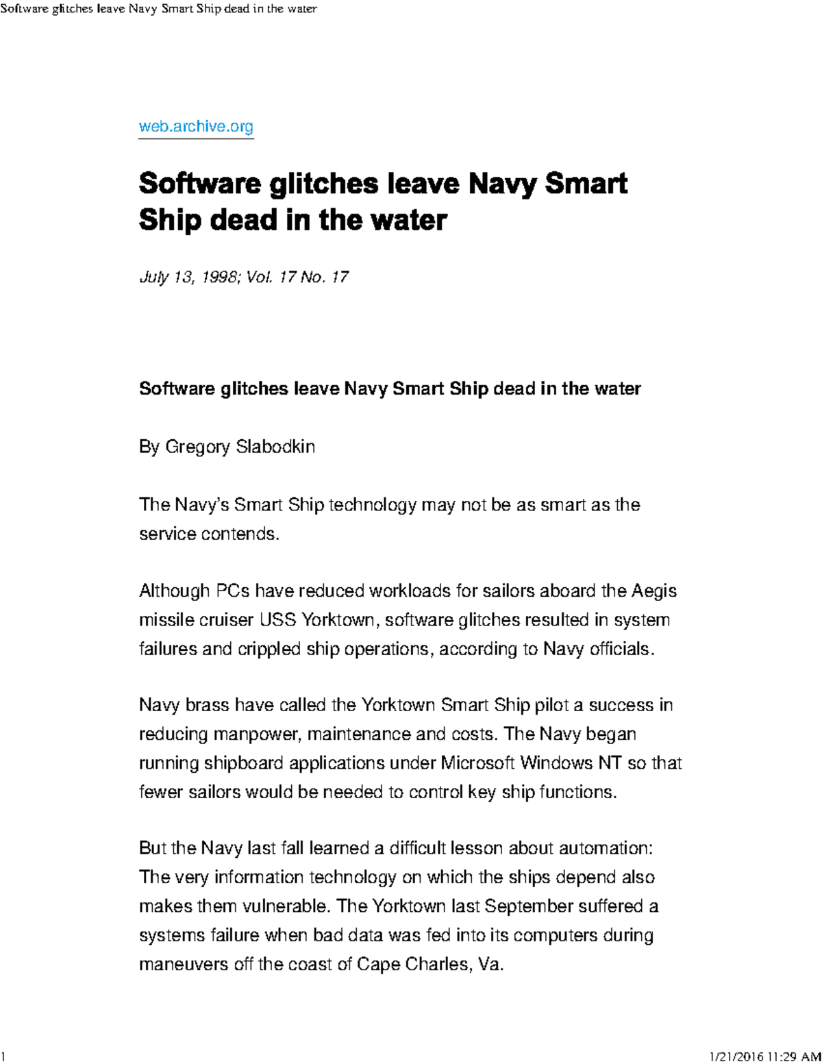 Navy Smart Ship Software Glitches: A Case Study on USS Yorktown - Studocu