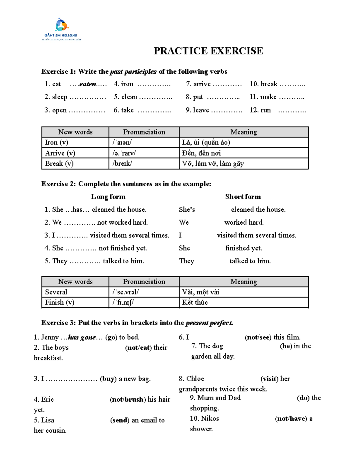Lesson 7 -Practice exercises with vocabulary - PRACTICE EXERCISE ...