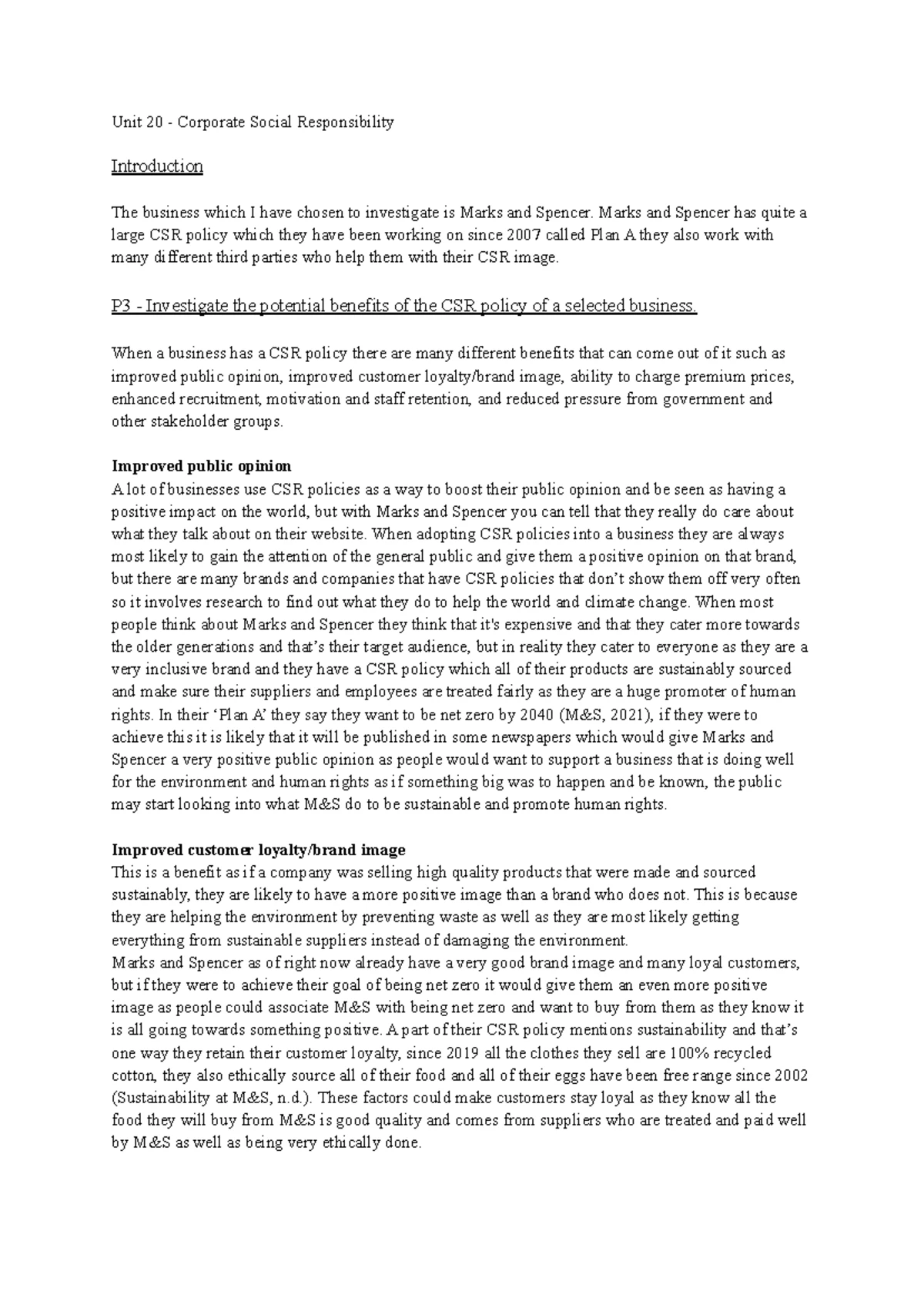 CSR - Assignment 2 - btec business level 3 unit 20 - Unit 20 - Corporate Social Responsibility ...