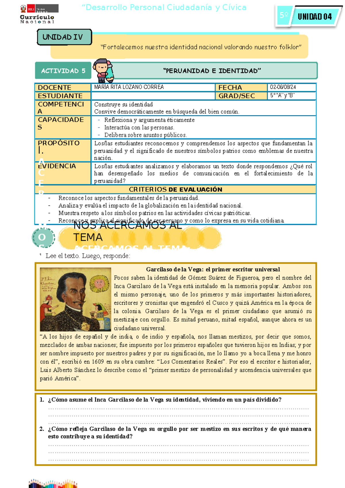 5° DPCC -ACTV.05-UNI.4 2024 (SET) - Identidad y Peruanidad - Studocu