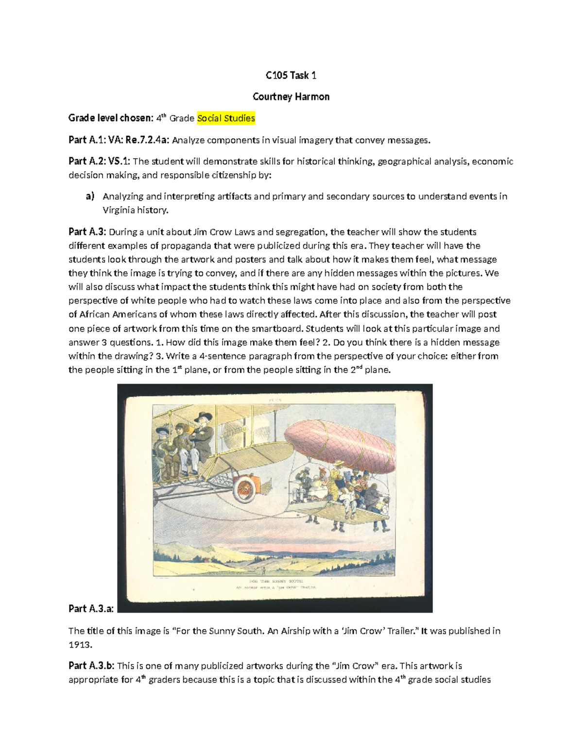 C105 Task 1: Integrating Arts and Social Studies for 4th Grade - Studocu