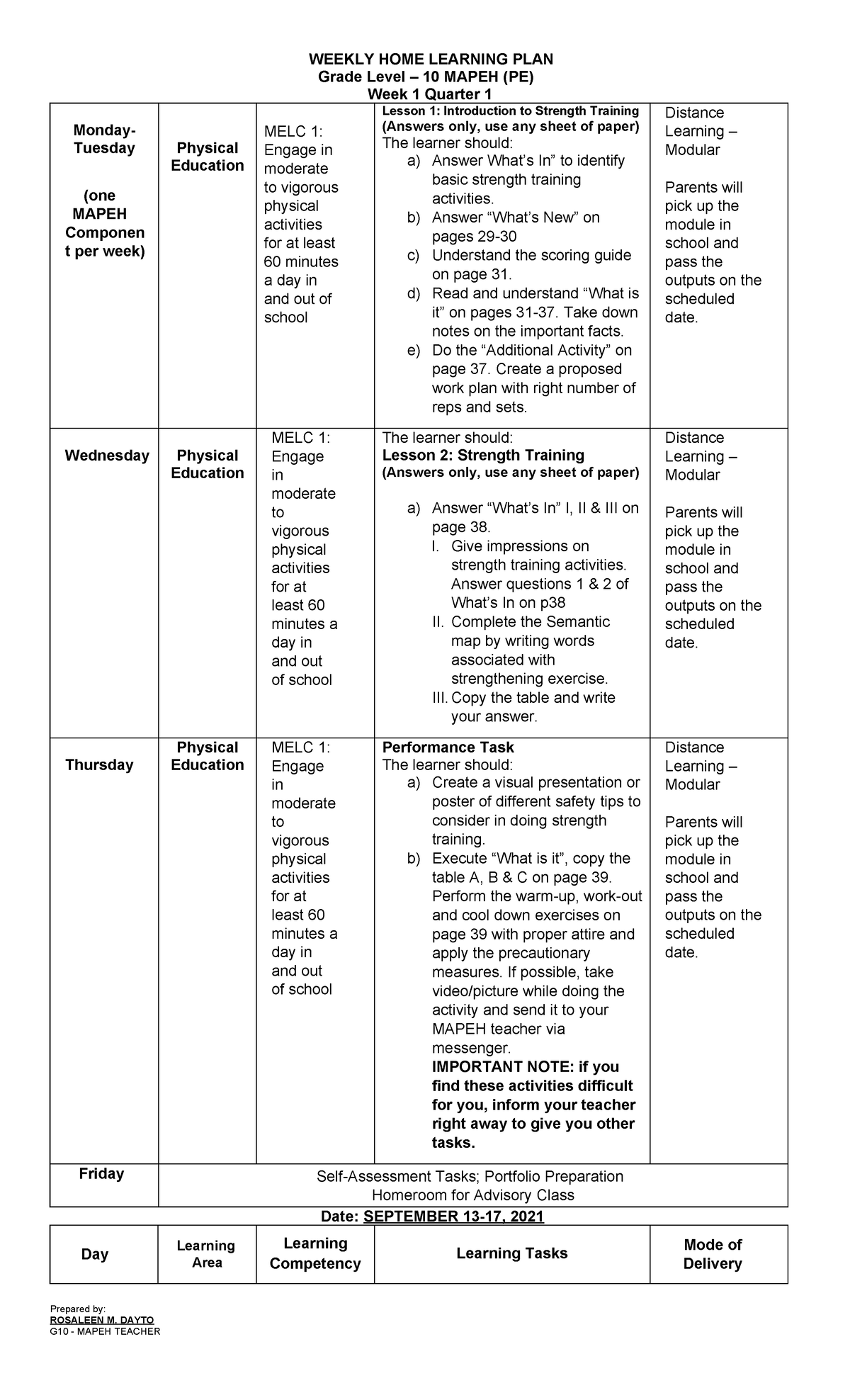 G10 MAPEH PE Weekly Learning Plan: Quarter 1, Week 1 Activities - Studocu