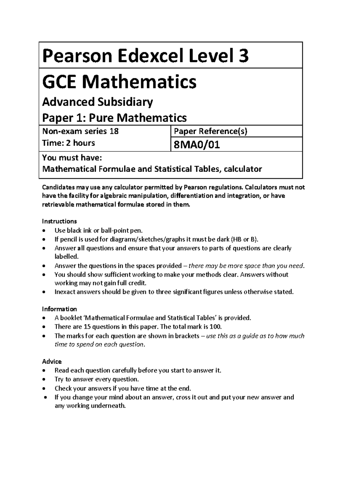 Pure Mathematics AS Level Paper 1 Practice - 2018 - Studocu
