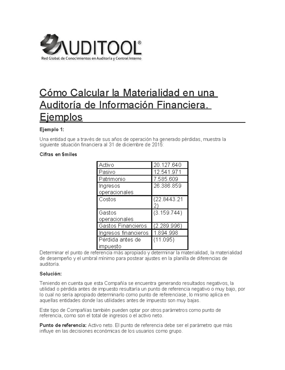 Cálculo de Materialidad en Auditoría Financiera: Ejemplos y Referencias - Studocu
