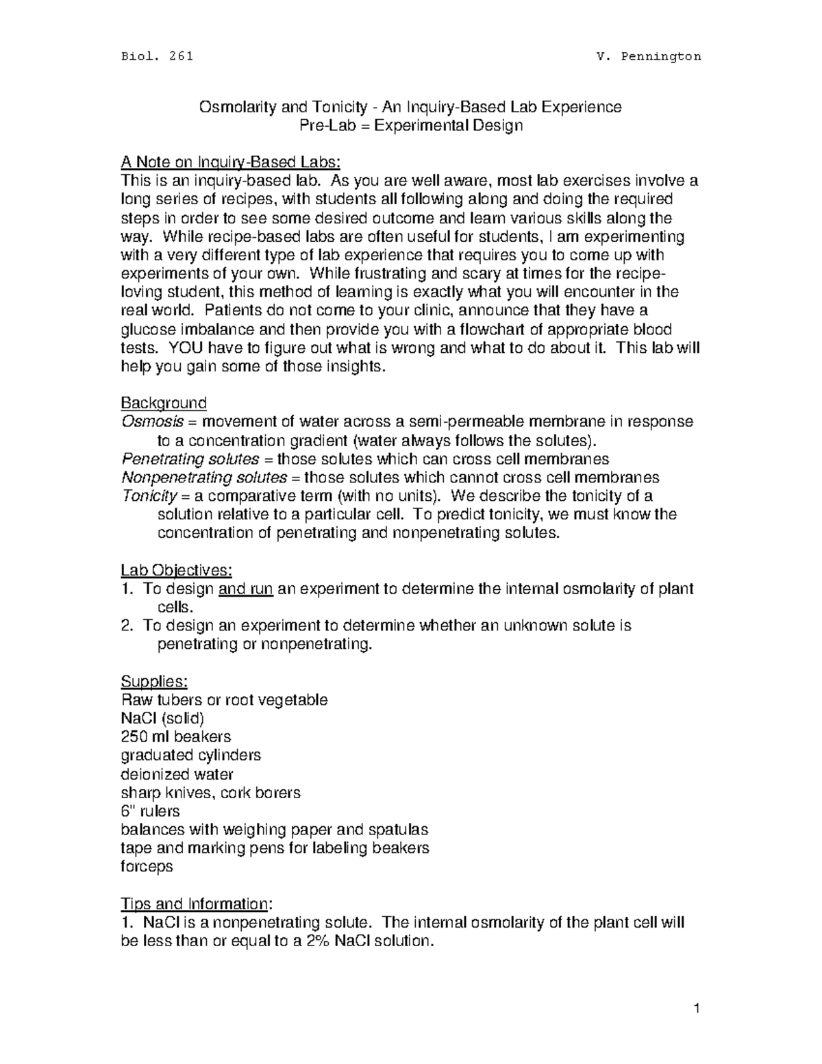 Biol. 261 V. Pennington Osmolarity Lab: Experimental Design Insights ...