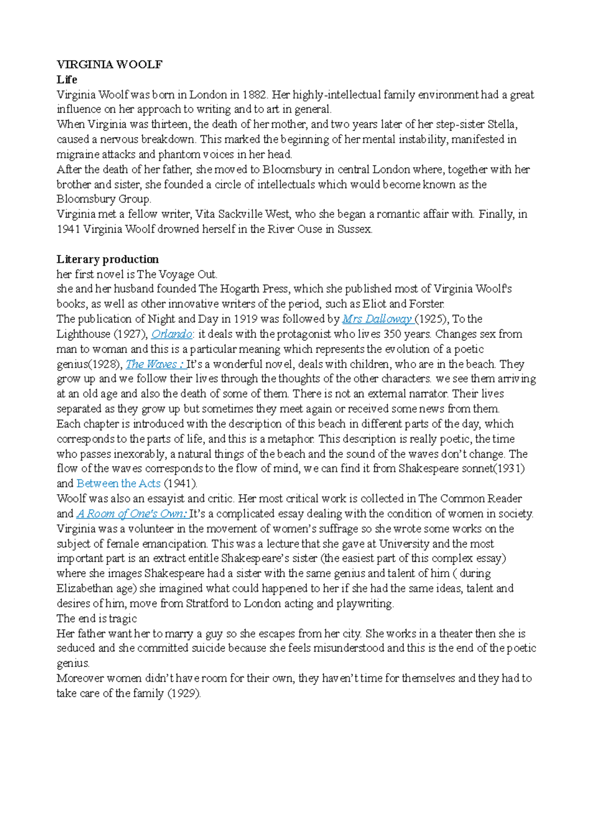 Woolf pdf - VIRGINIA WOOLF Life Virginia Woolf was born in London in ...