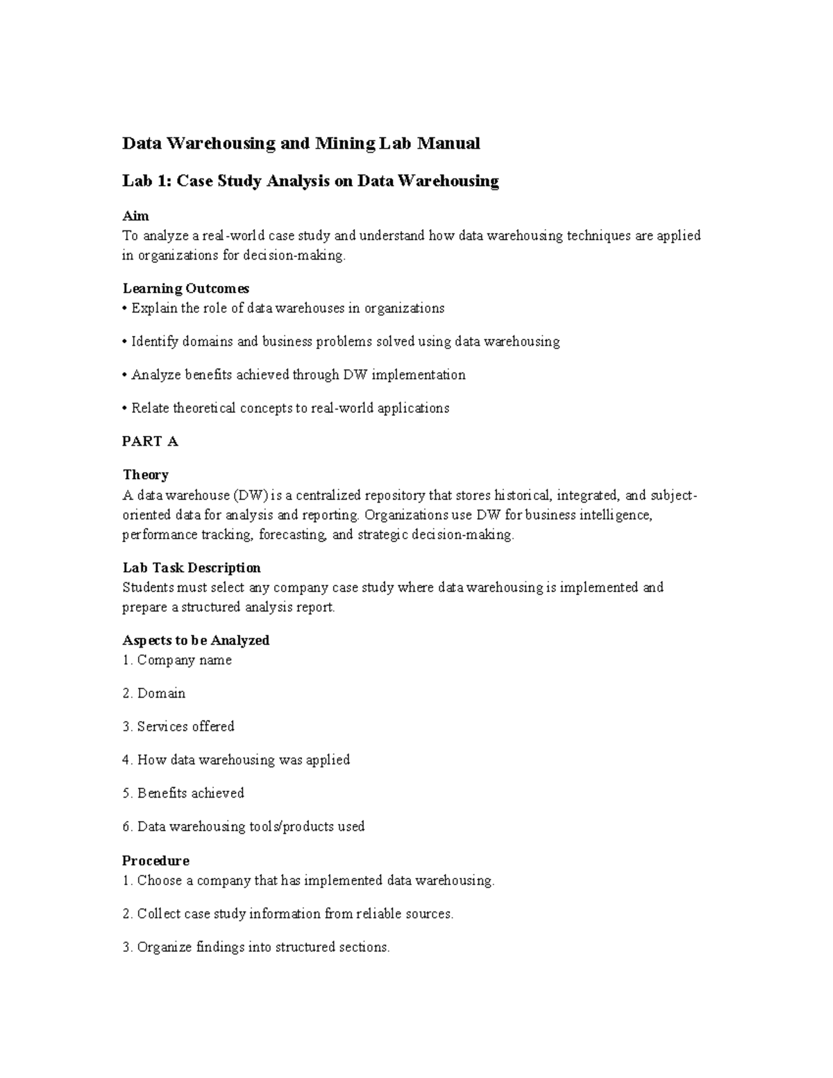 DWM Lab 1: Case Study Analysis on Data Warehousing Techniques - Studocu