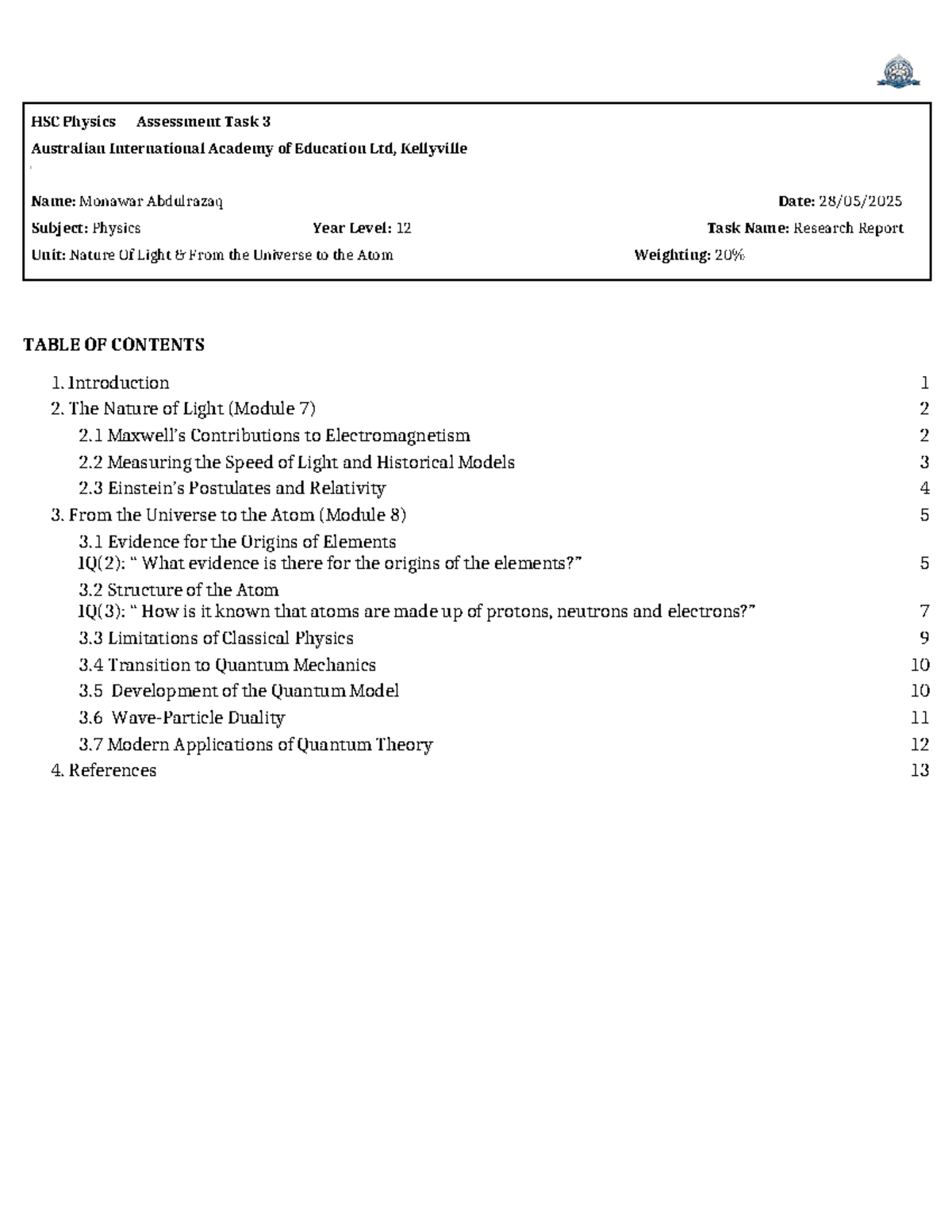 HSC Physics Assessment Task 3: Nature of Light & Quantum Model Report ...
