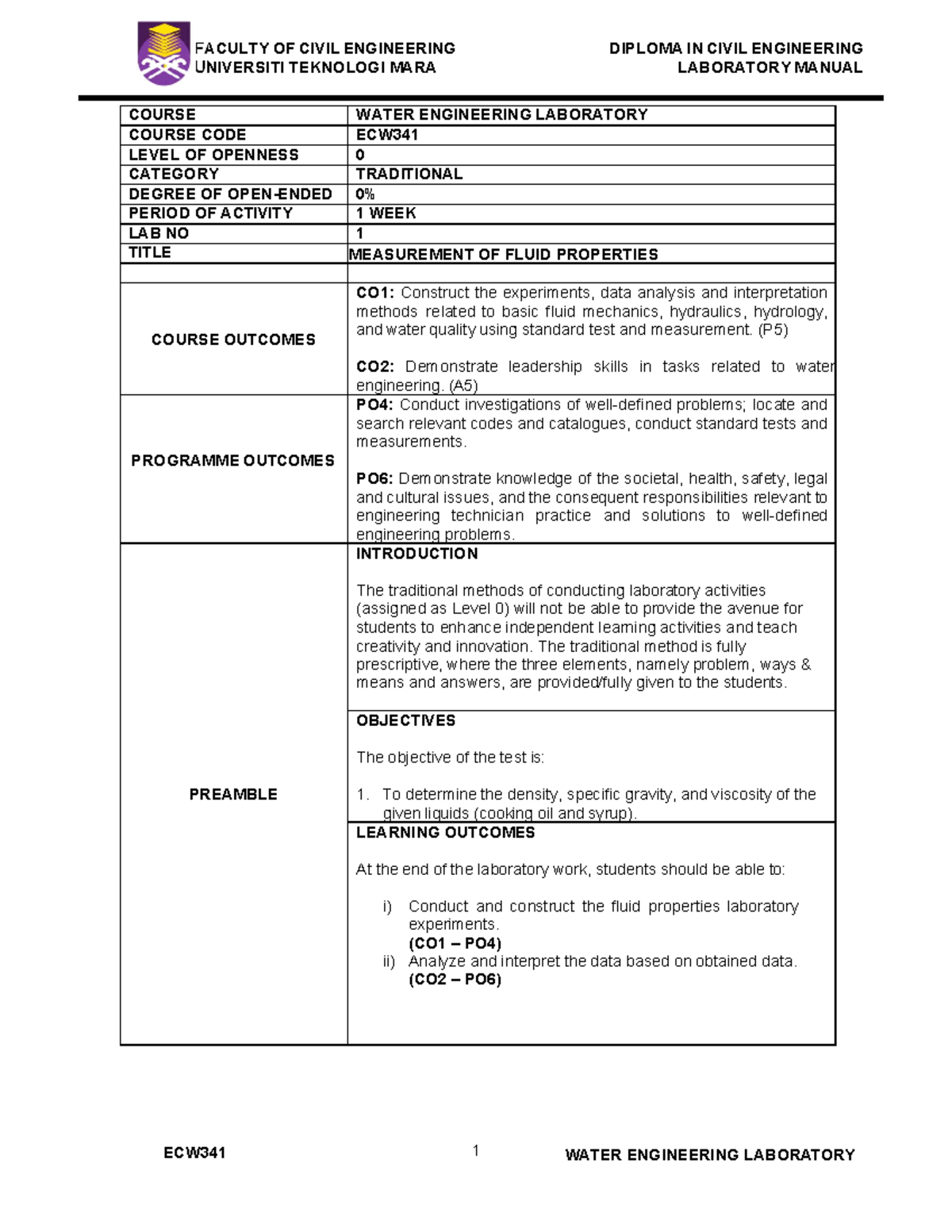 Lab manual 1- Level 0-Measurement of fluid properties - UNIVERSITI ...