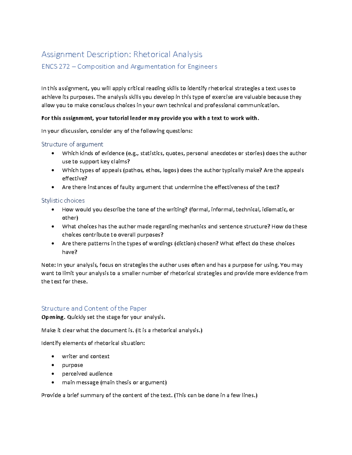 Rhetorical Analysis Assignment ENCS 272: Composition & Argumentation ...