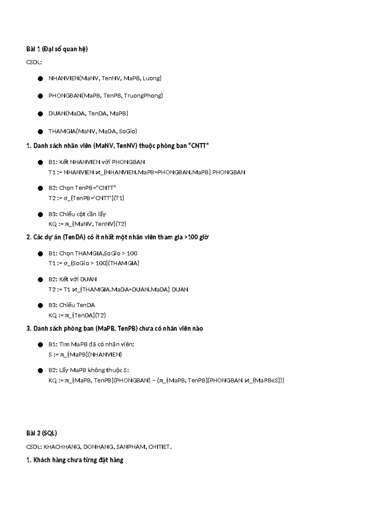 Ôn Tập Cuối Kỳ - CSDL: Đại Số Quan Hệ và SQL - Studocu