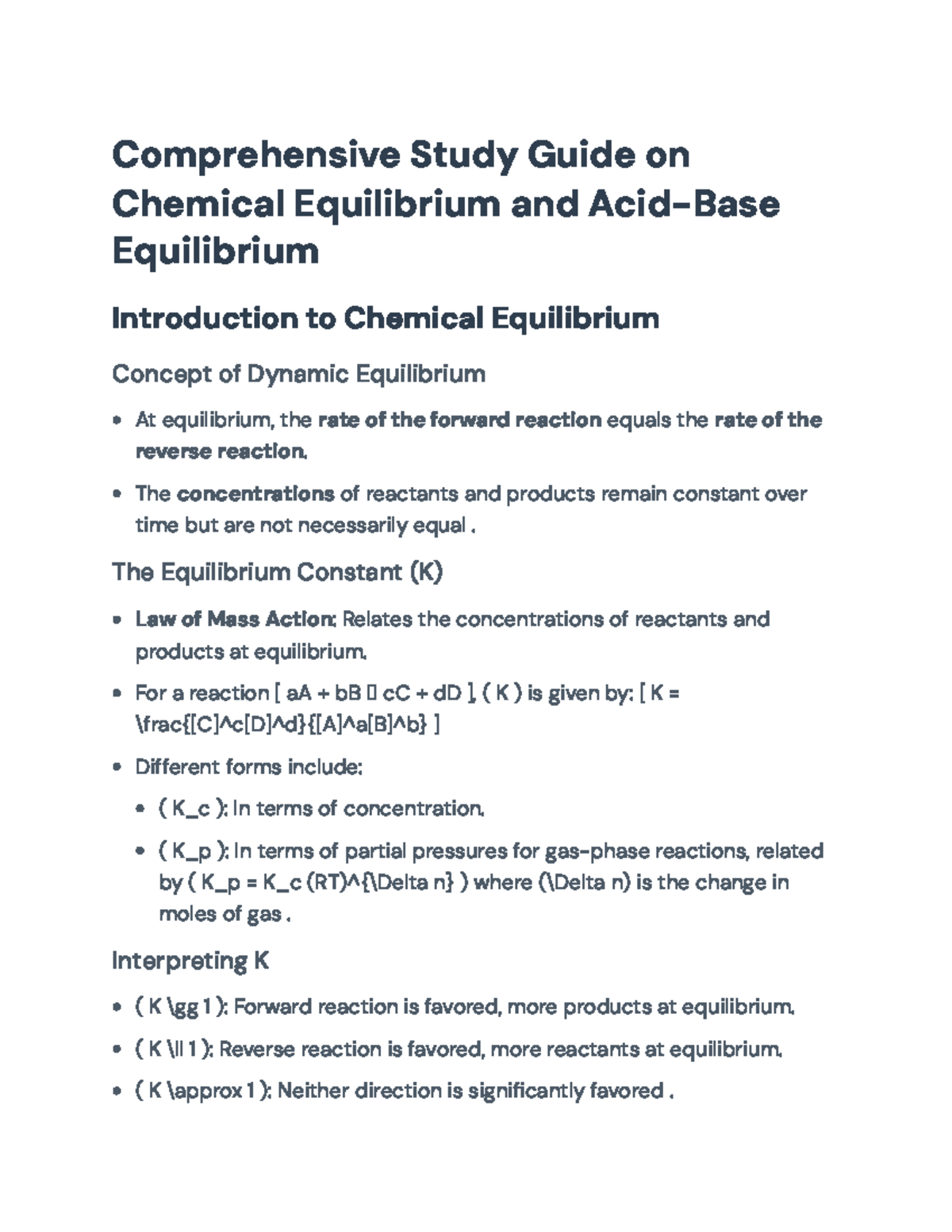 Comprehensive Study Guide: CHM 121 on Chemical Equilibrium & Acid-Base ...