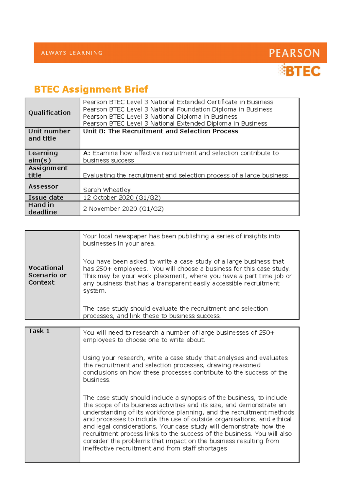 BTEC L3 Business Unit 8 Assignment 1A: Recruitment & Selection Case ...