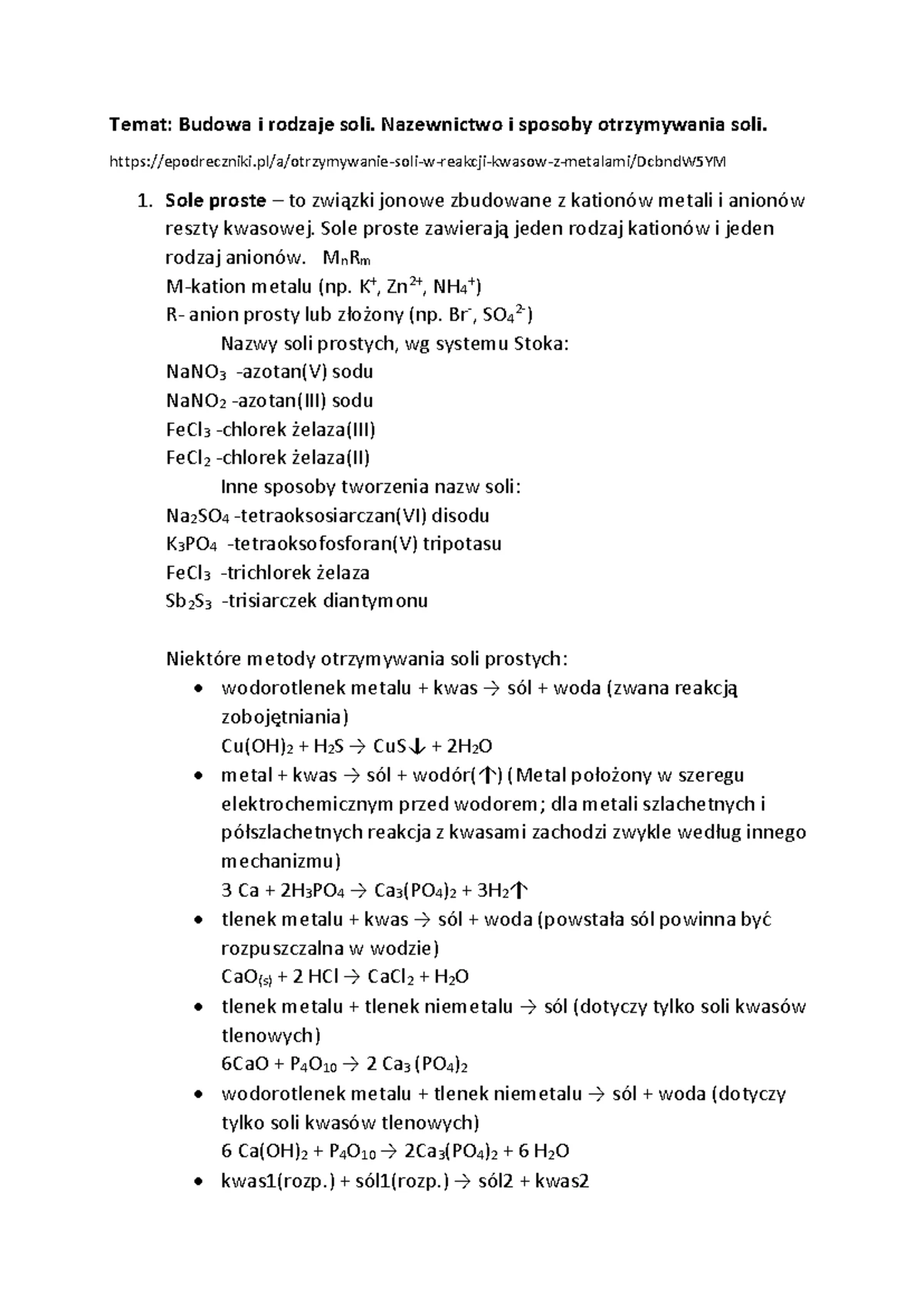 Lekcja 10 -Sole - sole - Temat: Budowa i rodzaje soli. Nazewnictwo i sposoby otrzymywania soli ...