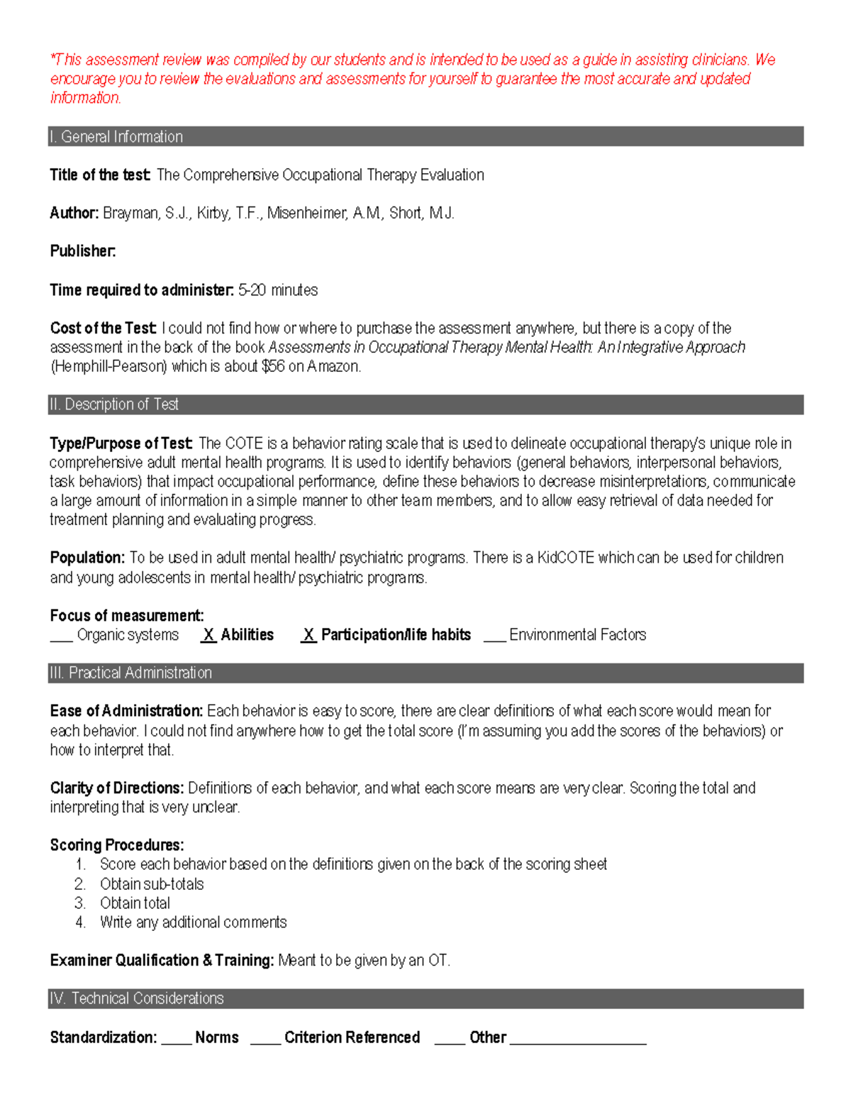 COTE - Comprehensive Occupational Therapy Evaluation Overview - Studocu