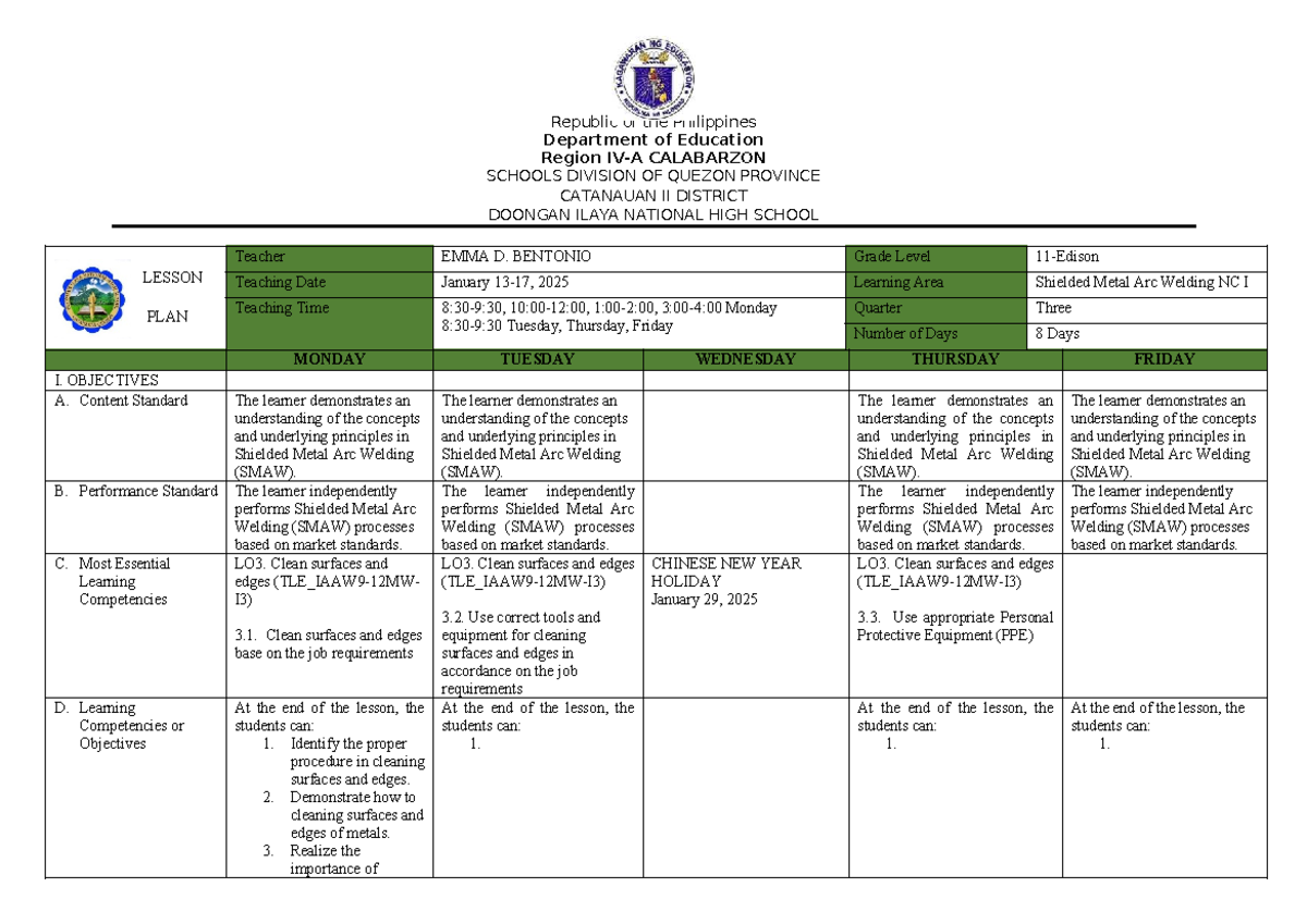 DLL 1: Lesson Plan for Shielded Metal Arc Welding (SMAW) Grade 11 - Studocu