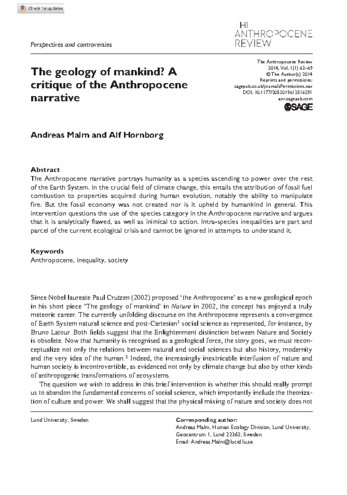 516291 Final Exam: Malm & Hornborg's Critique of the Anthropocene ...