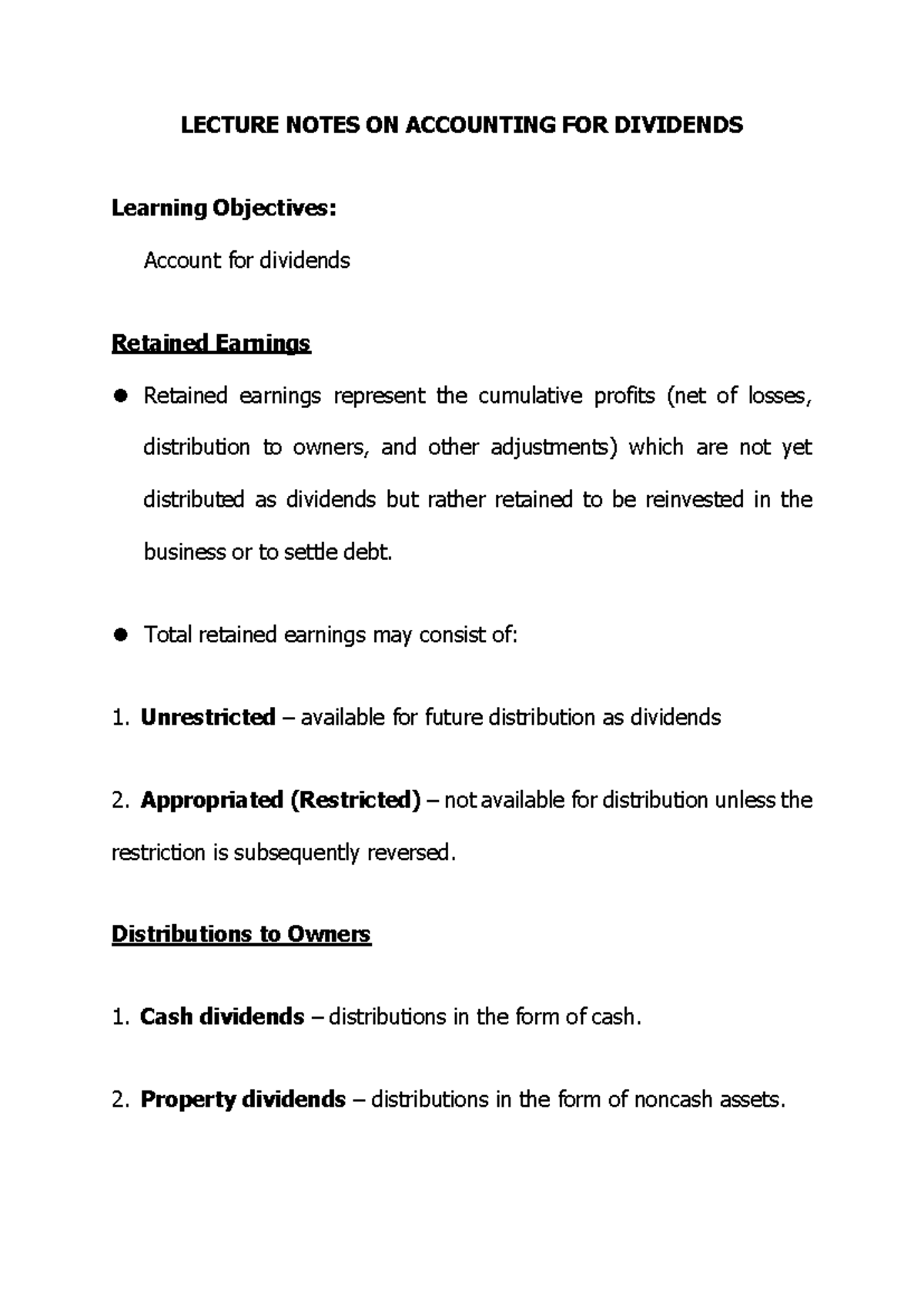Lecture Notes on Accounting for Dividends (ACC101) - Studocu