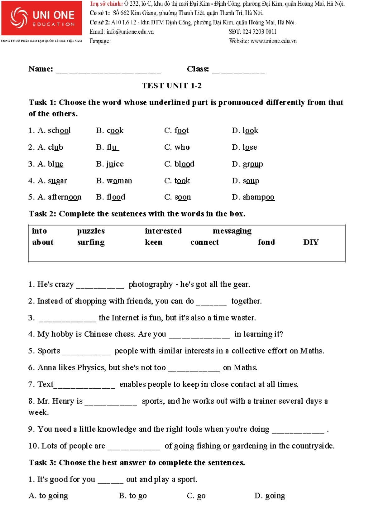 Test Unit 1+2 - Grade 8 English Practice - Global Success - Studocu
