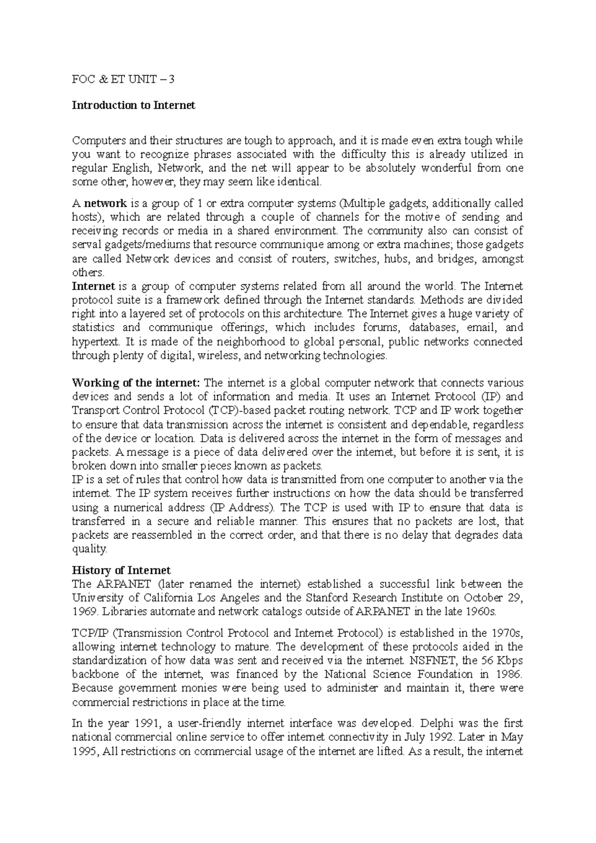Unit 3 COA NOTES - FOC & ET UNIT – 3 Introduction to Internet Computers ...