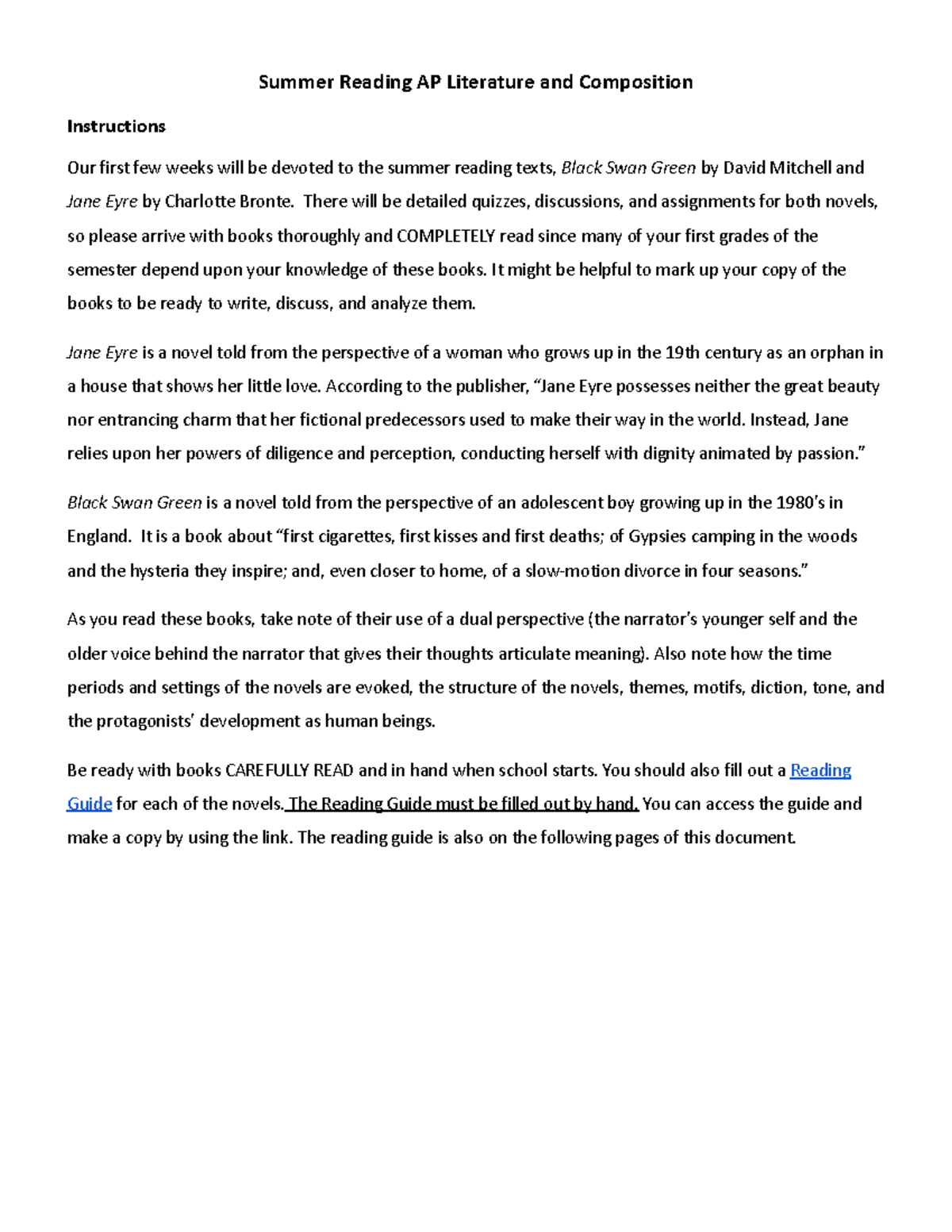 2023 Summer Reading Guide for AP Literature: Jane Eyre & Black Swan ...