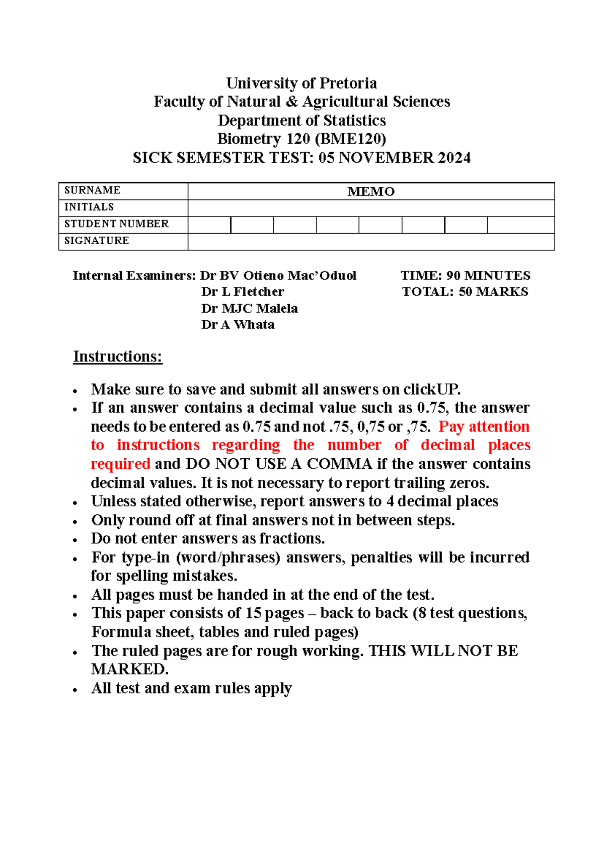 BME120 SICK SEMESTER TEST MEMO - 05 NOV 2024 - Studocu