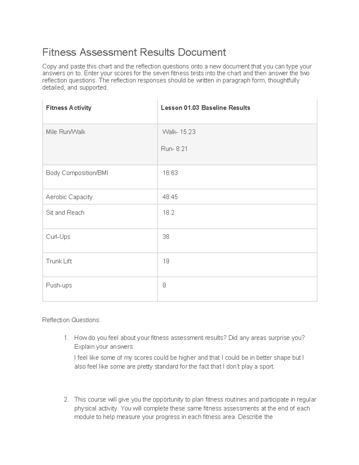 Fitness Assessment Results & Reflection - 103 Fitness Lesson 01.03 ...