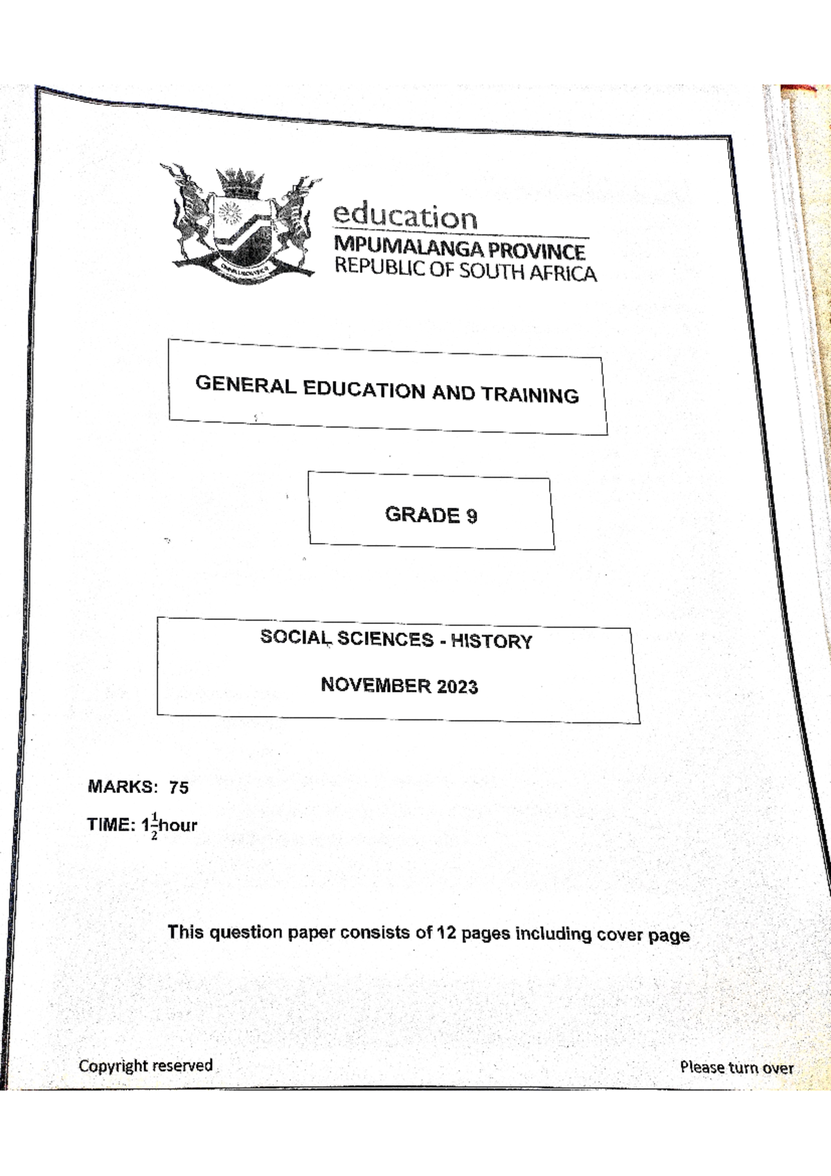 Grade 9 Social Sciences History Question Paper: November 2023 (75 Marks ...