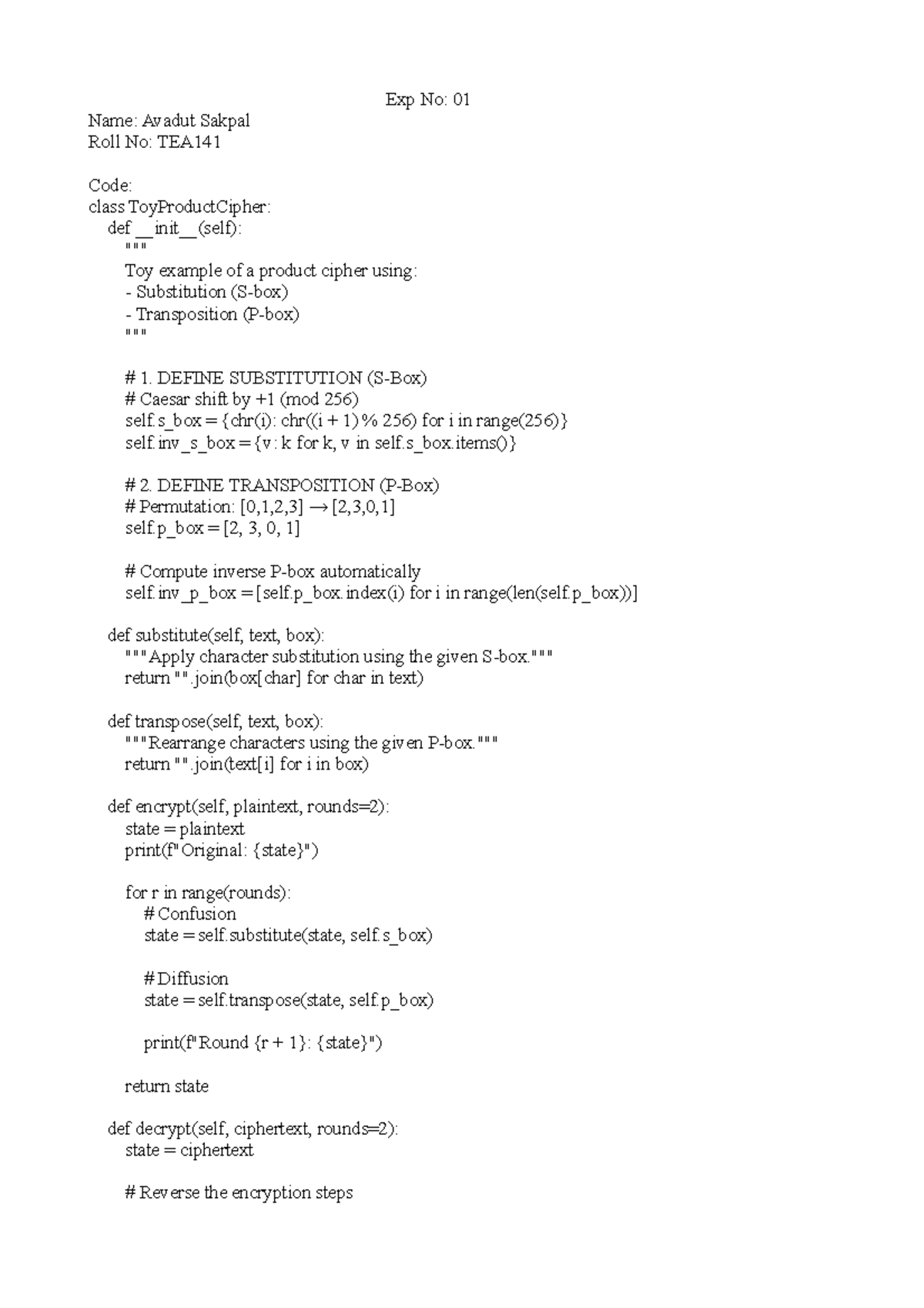 CSS Exp 1: Toy Product Cipher Implementation by Avadut Sakpal - Studocu