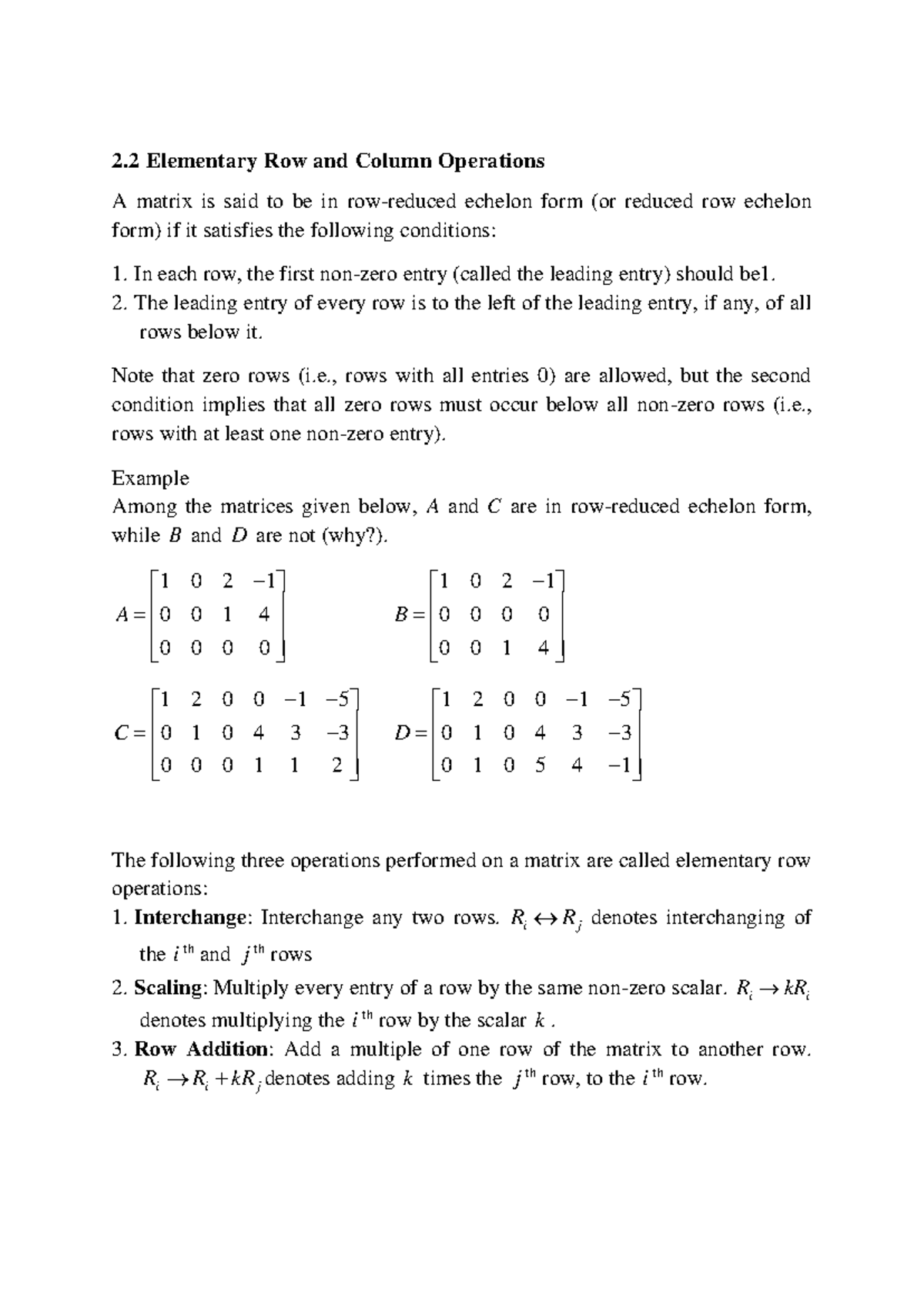 1.1 Elementary Row and Column Operations: Echelon Forms and Techniques ...
