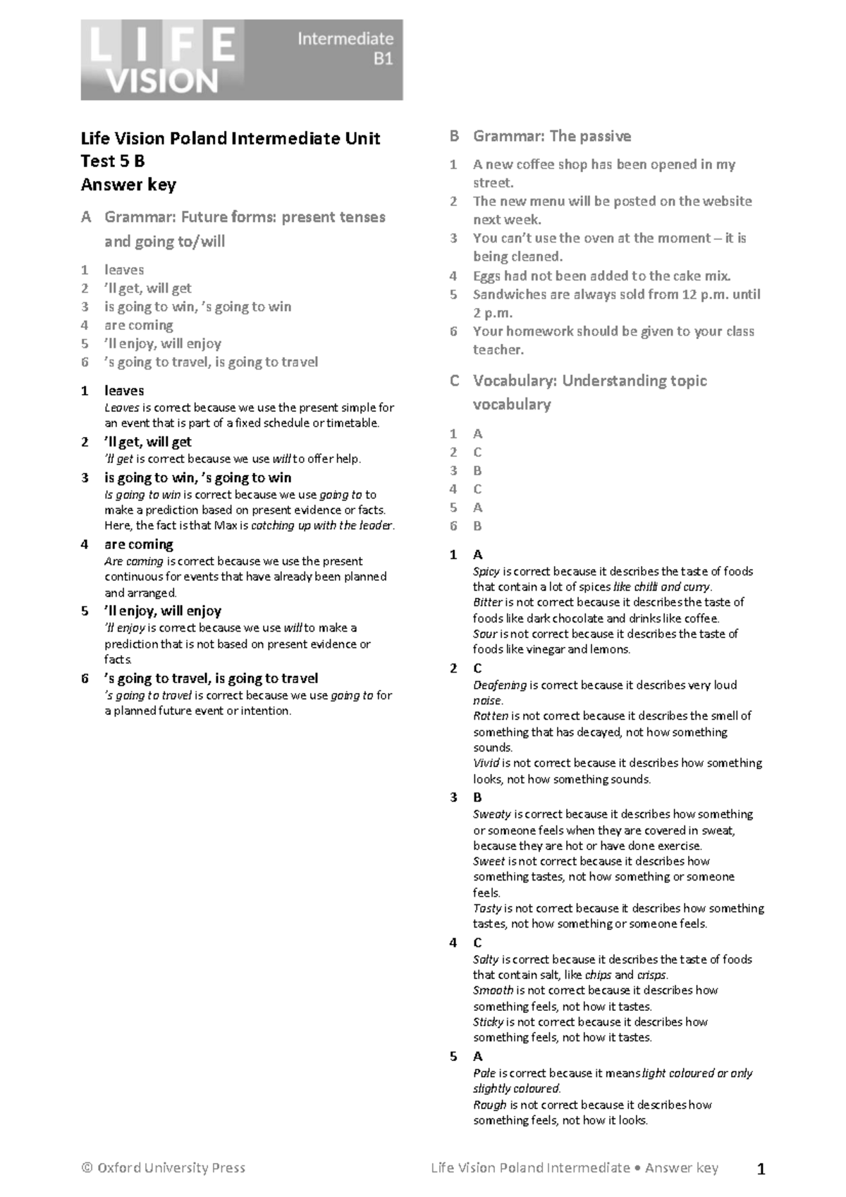 Life Vision Poland Intermediate Unit Test 5B Answer Key: Grammar ...