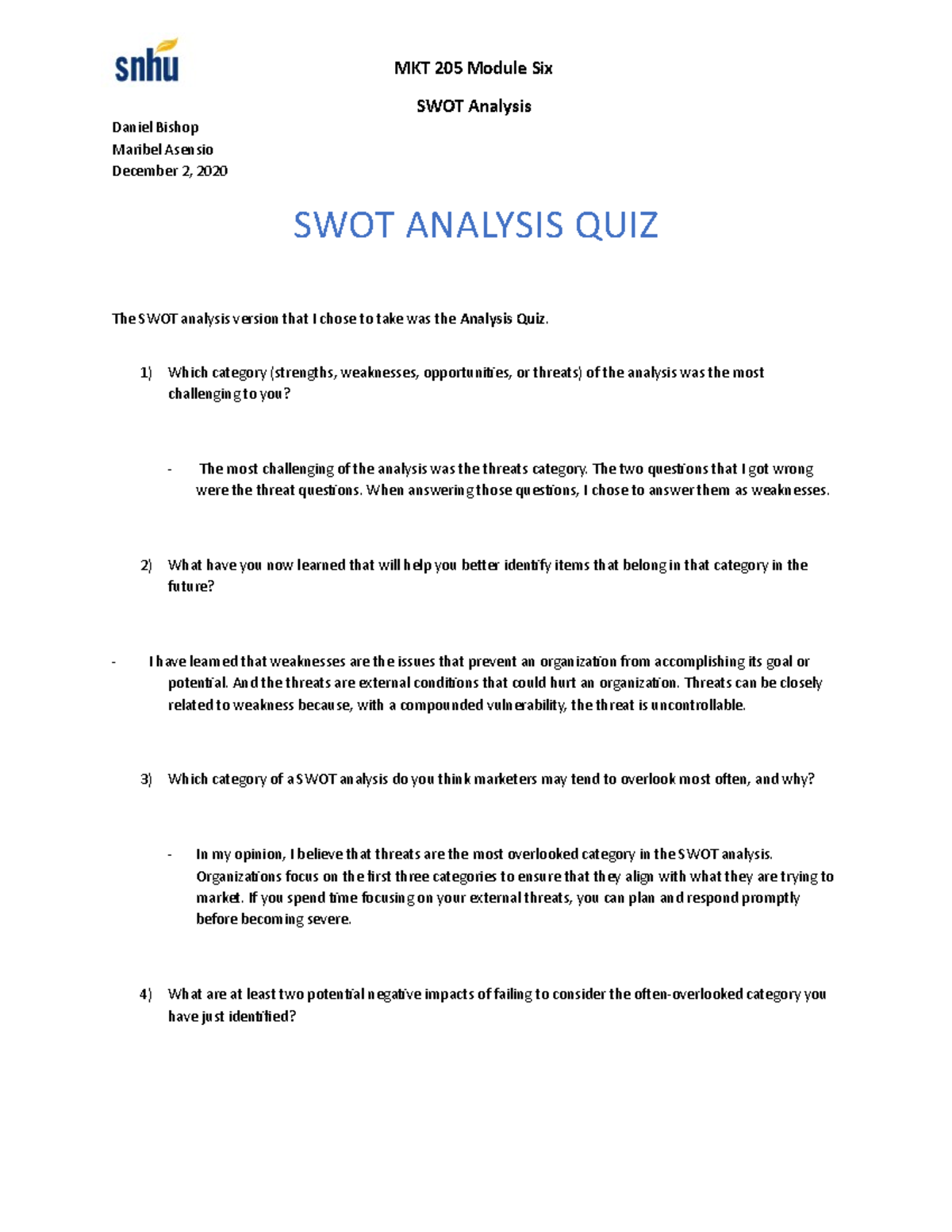 MKT205 Module 6-2 SWOT Analysis Quiz Reflections by Bishop & Asensio ...