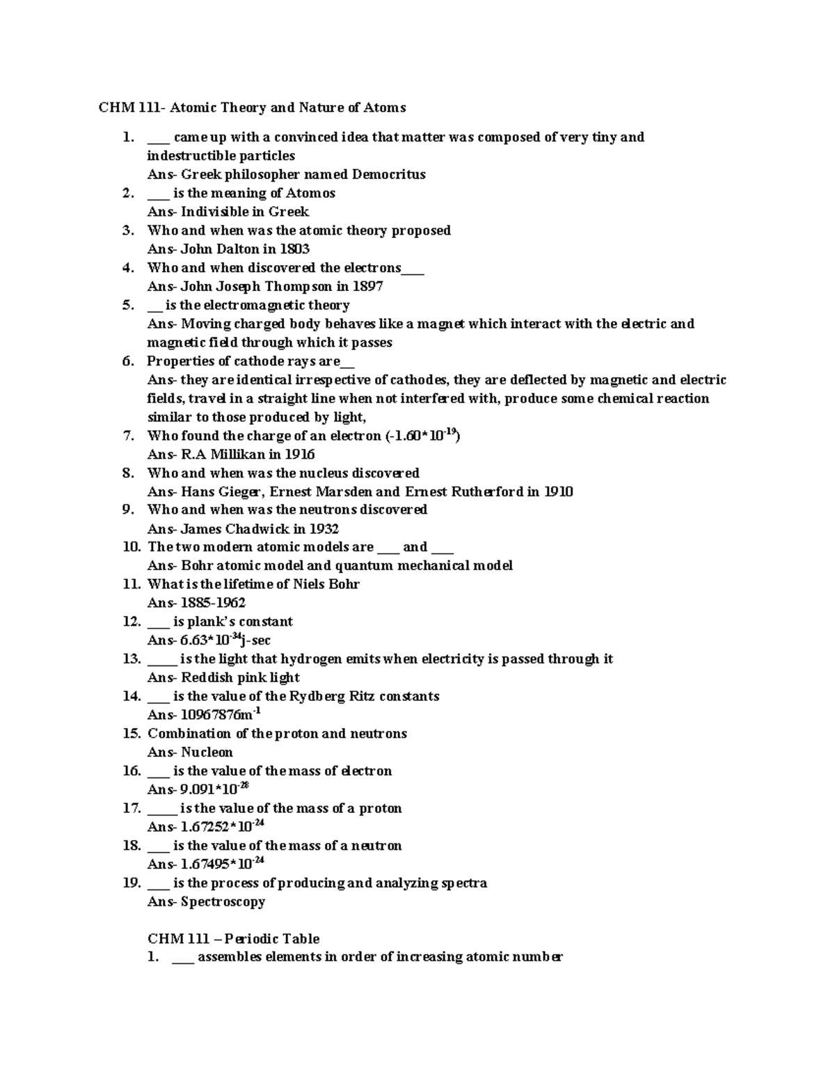 CHM 111 - Exam Review: Atomic Theory, Periodic Table, and Chemical ...