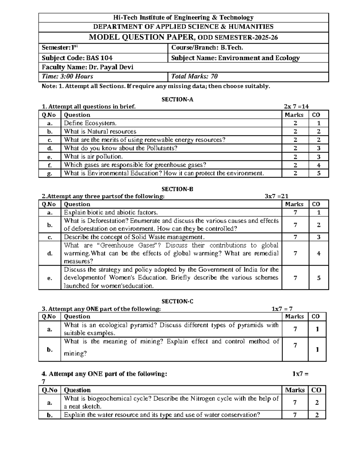 BAS 104: EVS Model Question Paper for Odd Semester Exam - Studocu