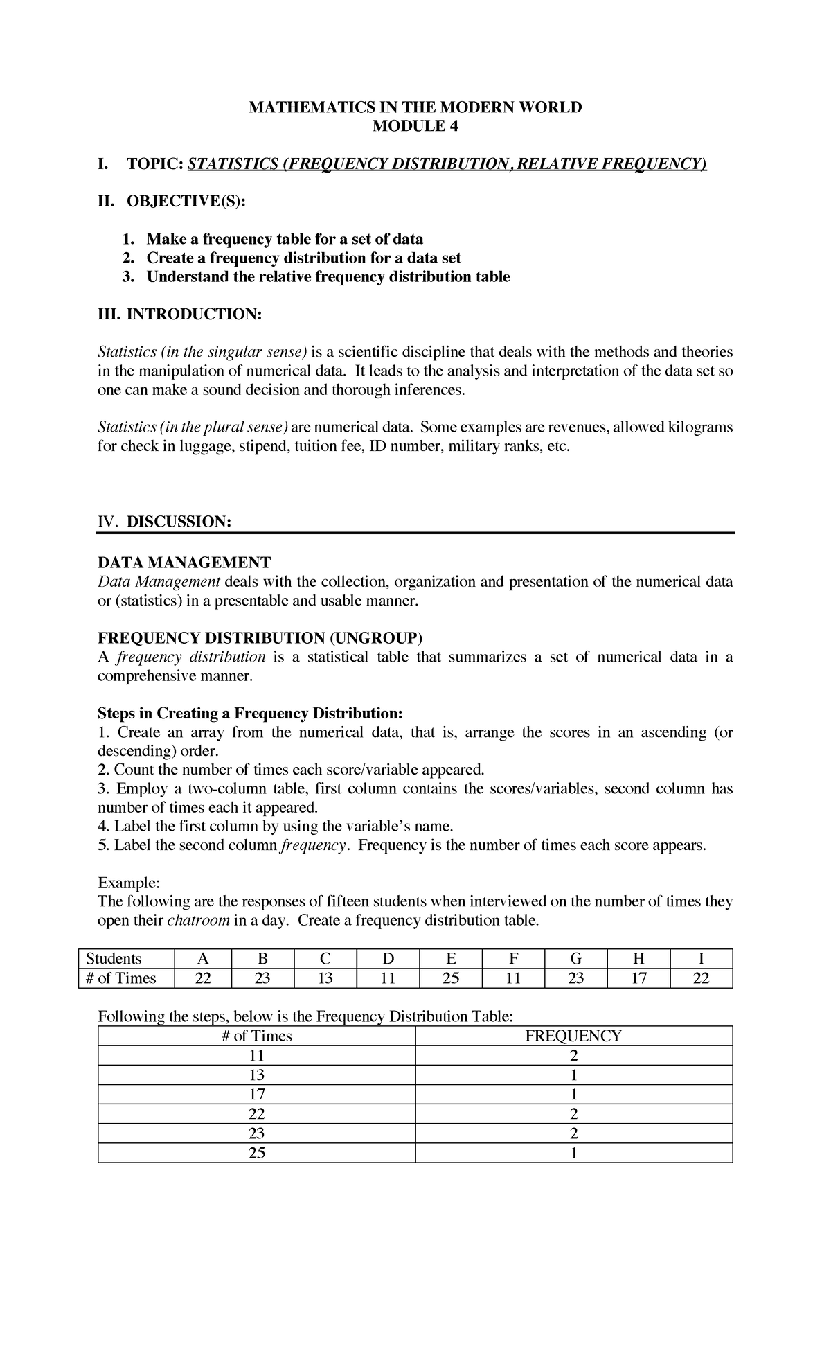 MMW 4 - Statistics - Frequency Distribution & Data Management Guide ...