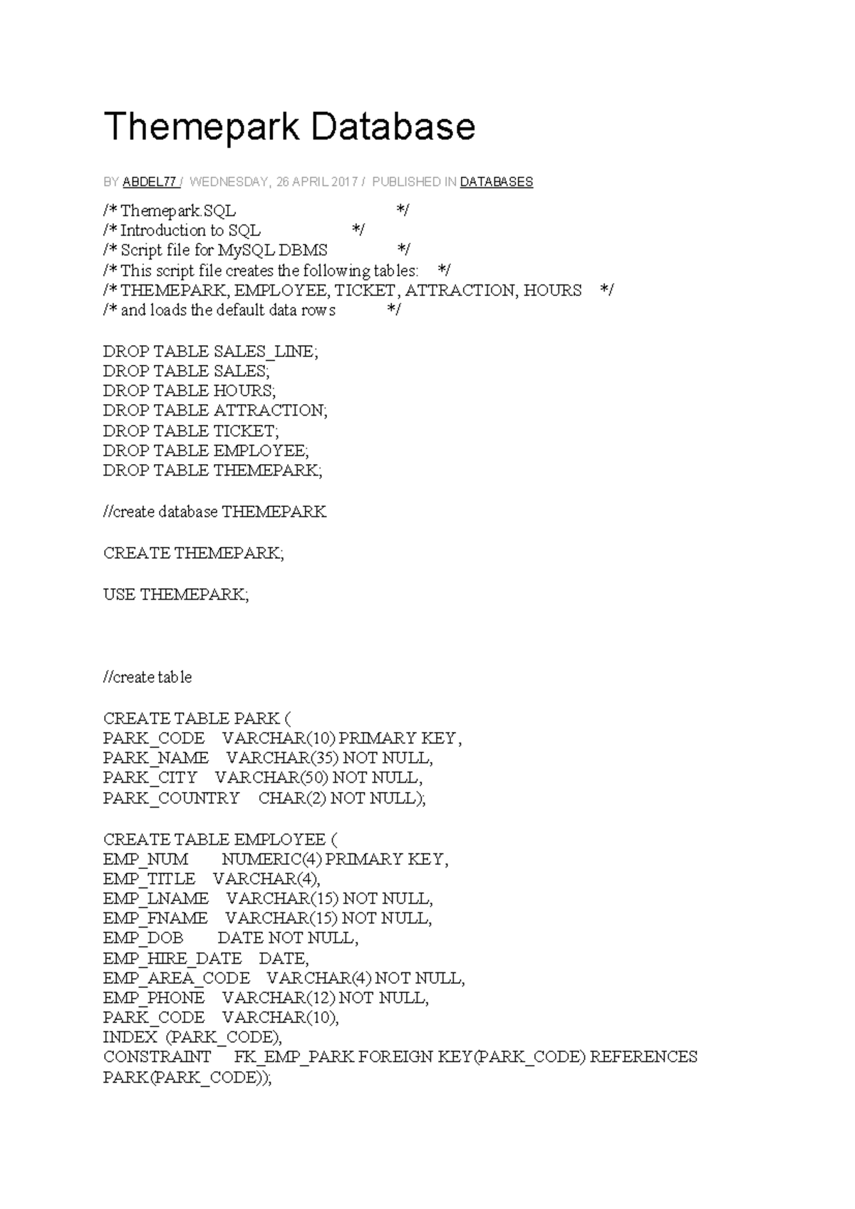 Themepark Database SQL Script for Course DB 101 - Studocu