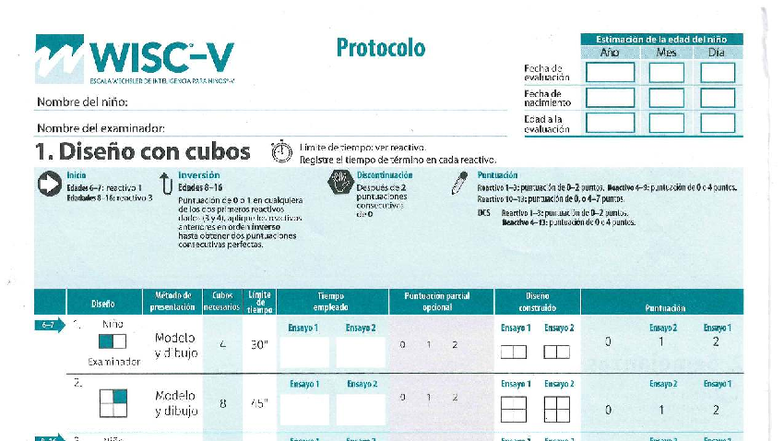 WISC-V - Protocolo de Evaluación de la Edad del Niño - Studocu