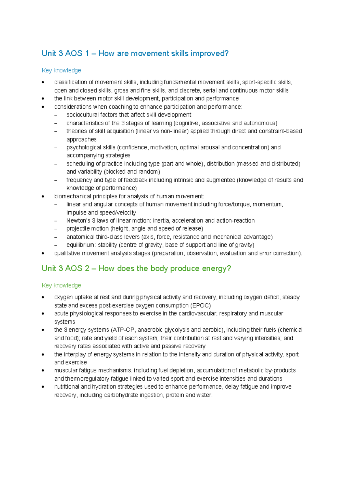 Unit 3 AOS 1 & 2 Movement Skills & Energy Production Checklist - Studocu