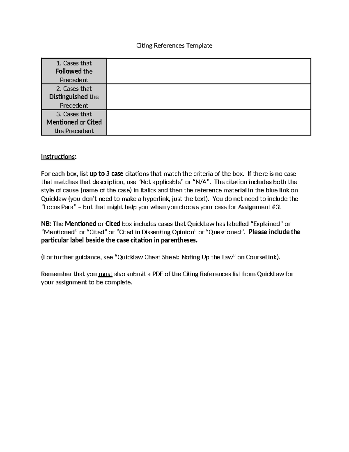 Citing References Template for Legal Cases - Assignment NB - Studocu