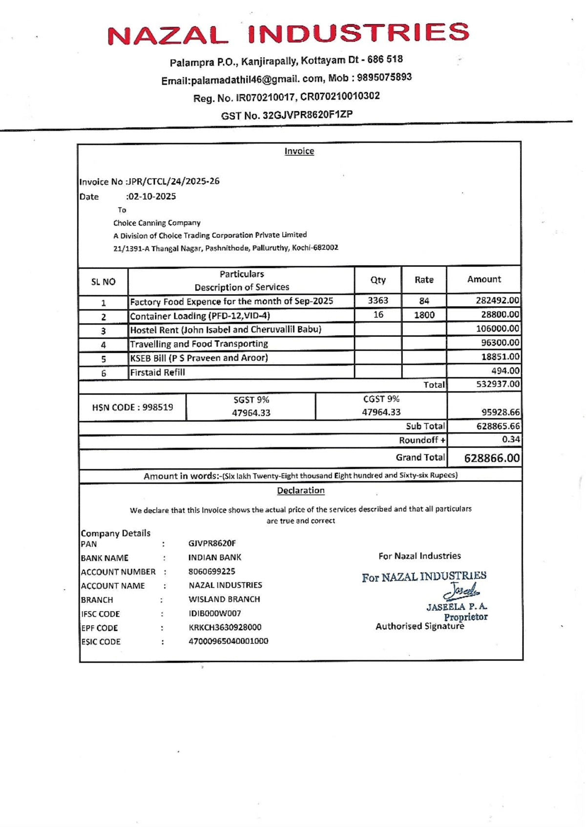 Invoice Details for Nazal Industries - Reg. No. IR070210017 - Studocu