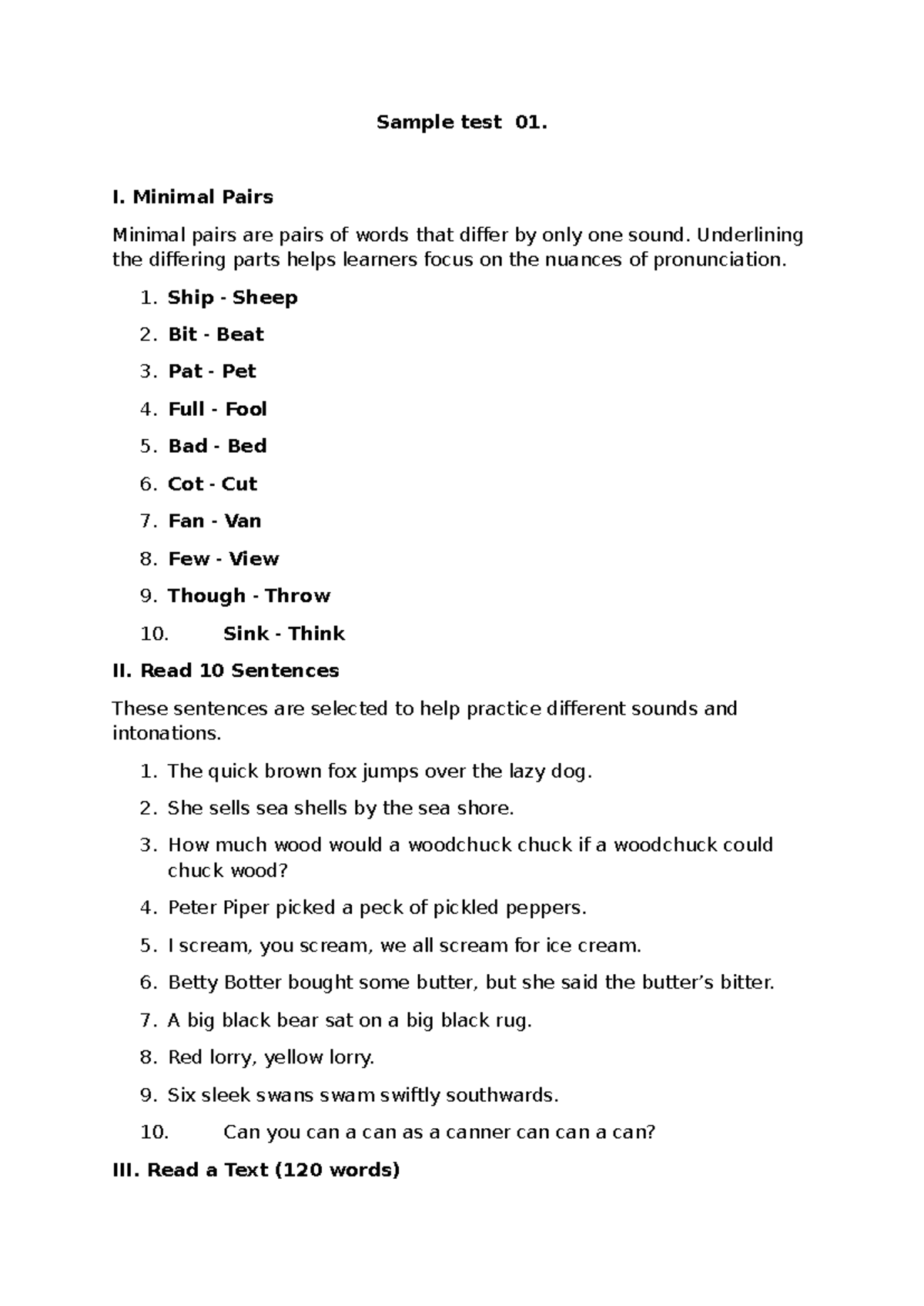 Sample Test 01: Pronunciation Practice and Conversations for ESL - Studocu