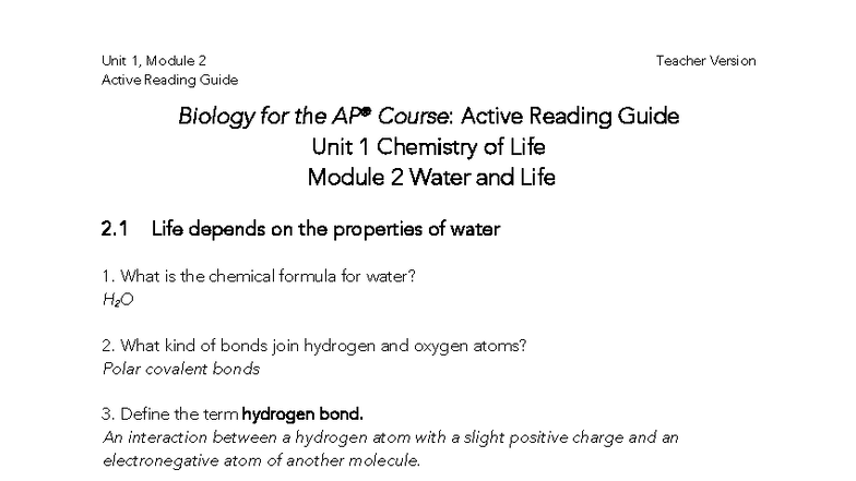 Unit 1, Module 2 Active Reading Guide Key: Water and Life in Biology ...