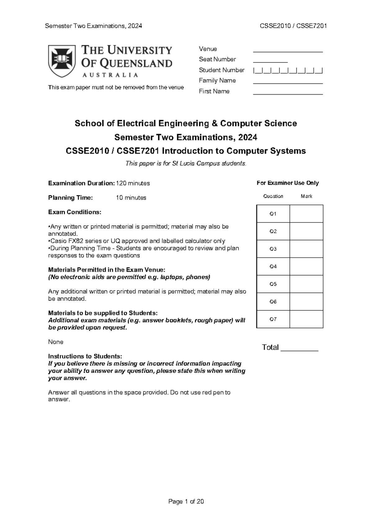 Semester Two Examinations 2024: CSSE2010 Computer Systems Exam Paper ...