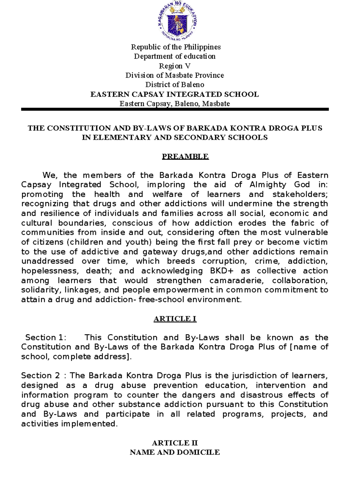 Preamble of BKD - A document - Republic of the Philippines Department ...