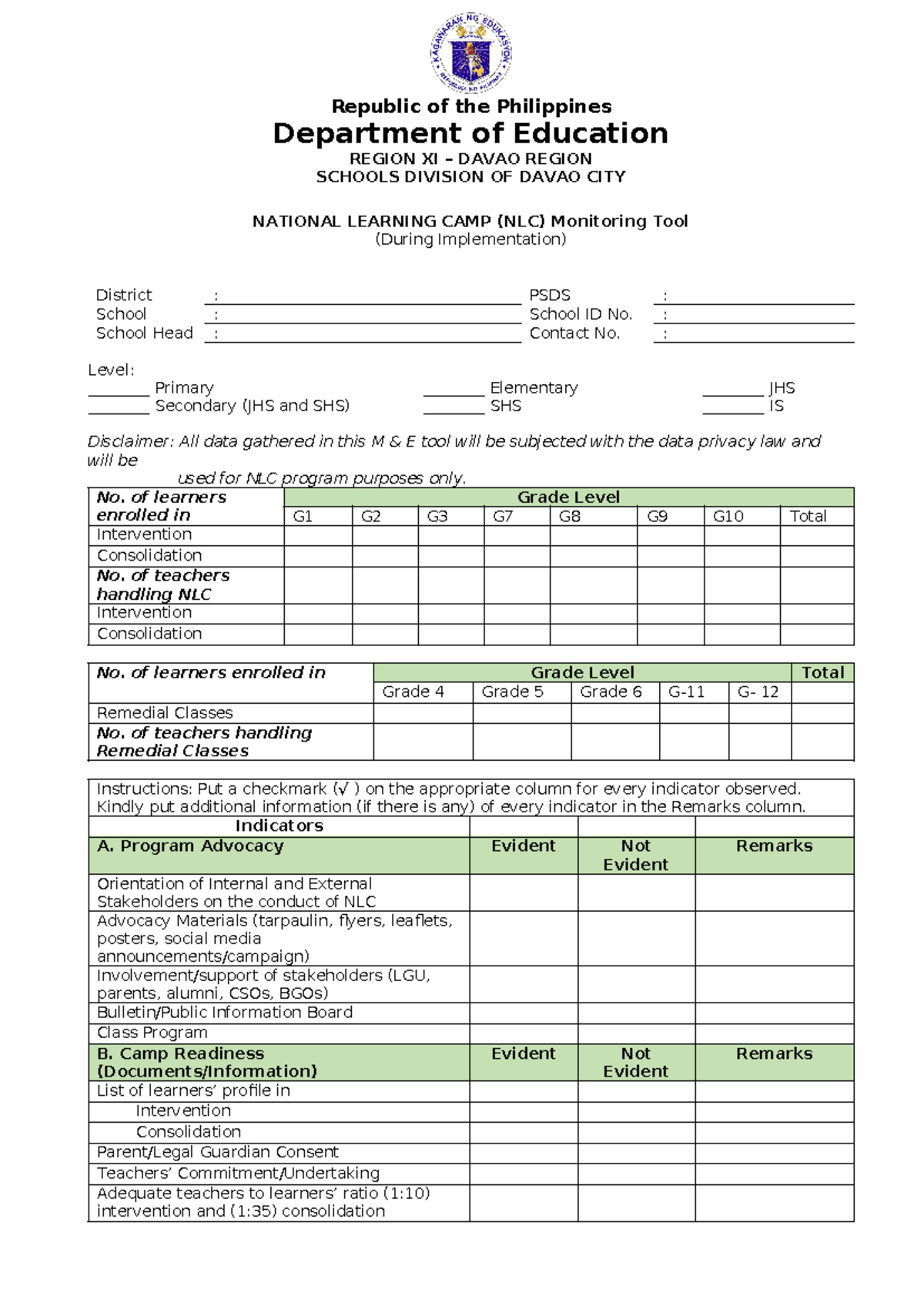 NLC-Monitoring Tool Enhanced Final Version 1 for 2024 - Studocu