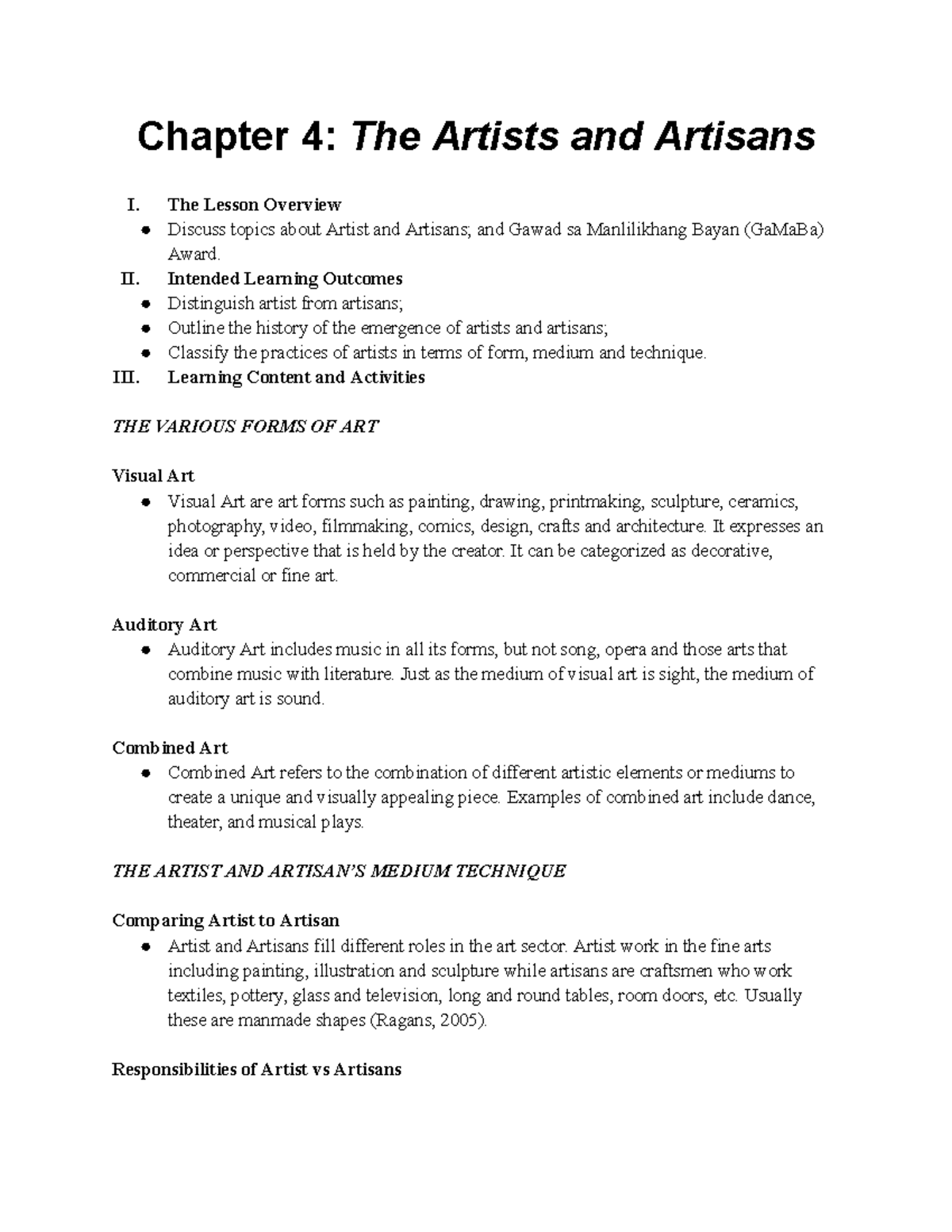 Chapter 4: Understanding Artists & Artisans for ARTS 101 - Studocu