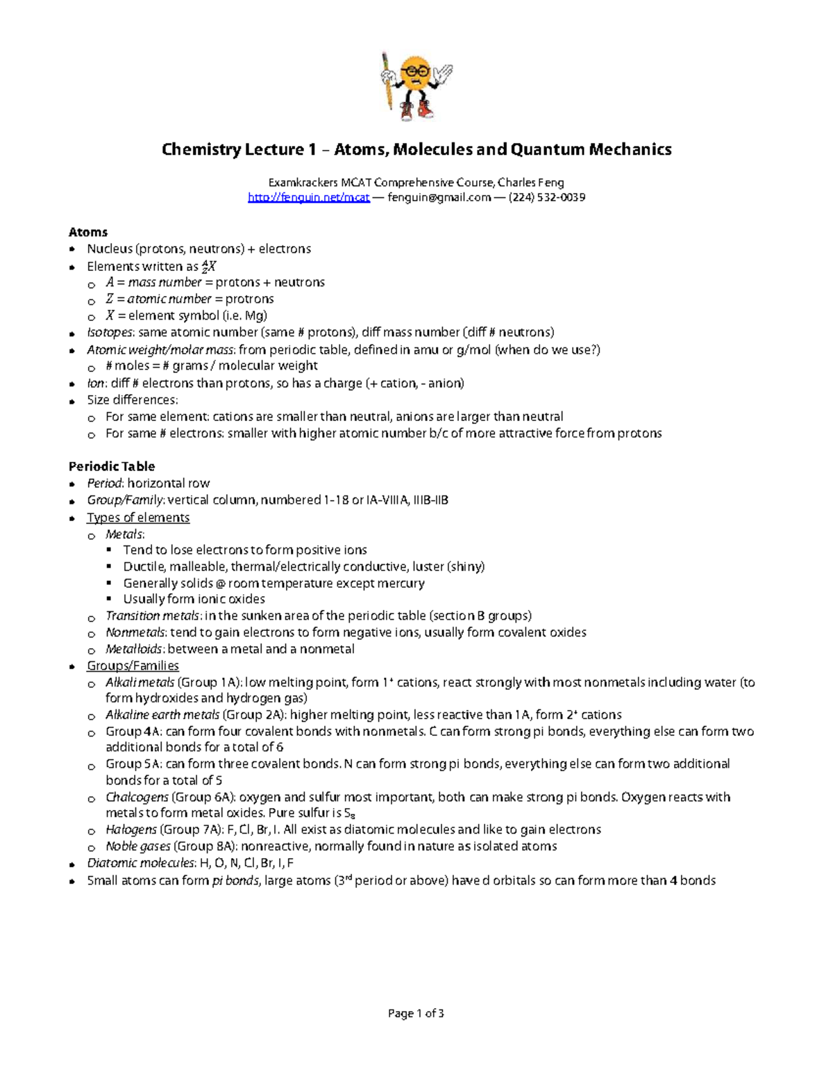Chemistry 1 - Lecture 1: Atoms, Molecules & Quantum Mechanics Notes ...